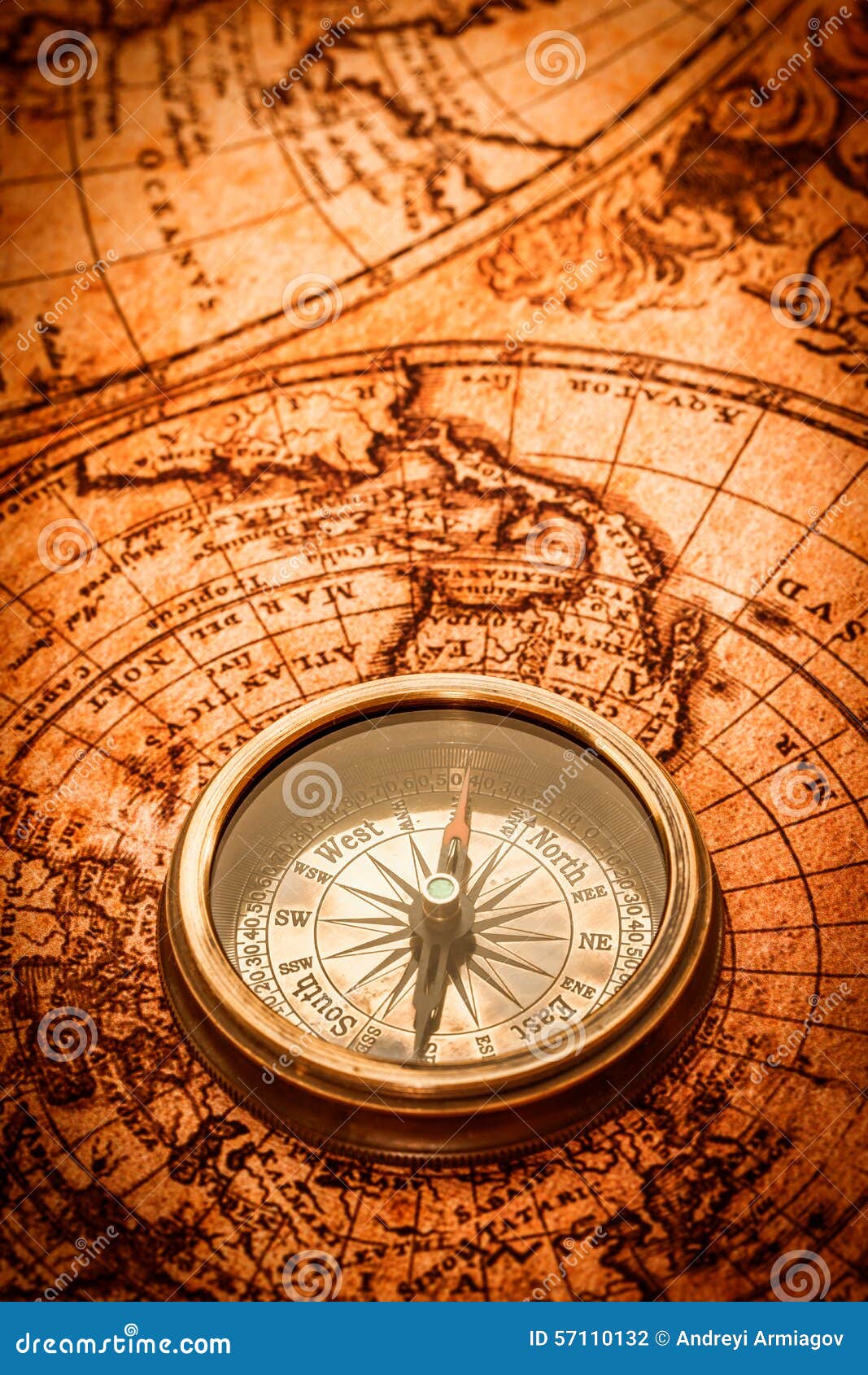 Vintage Compass Lies on an Ancient World Map. Stock Photo - Image of ...