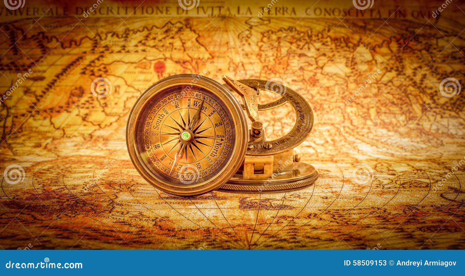 Vintage Compass Lies on an Ancient World Map. Stock Image - Image of ...