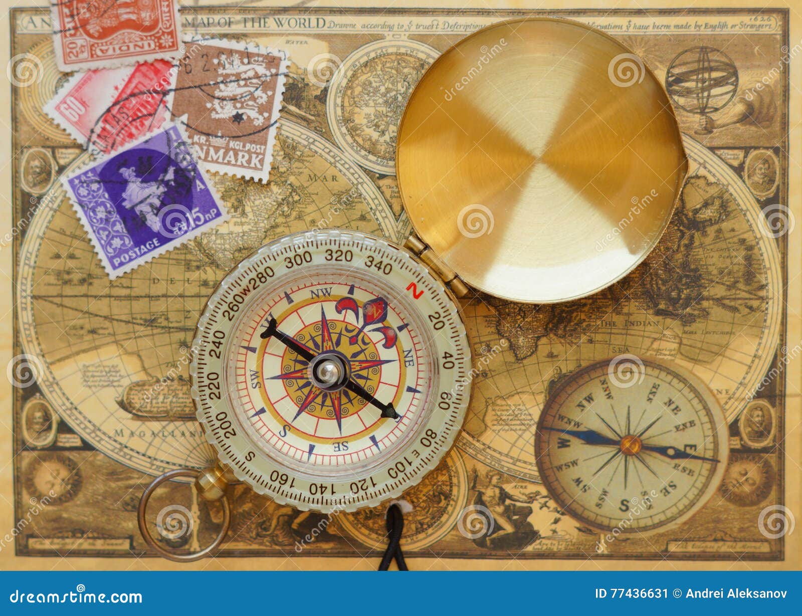 Vintage Compass Lies on an Ancient World Map. Stock Image - Image of ...