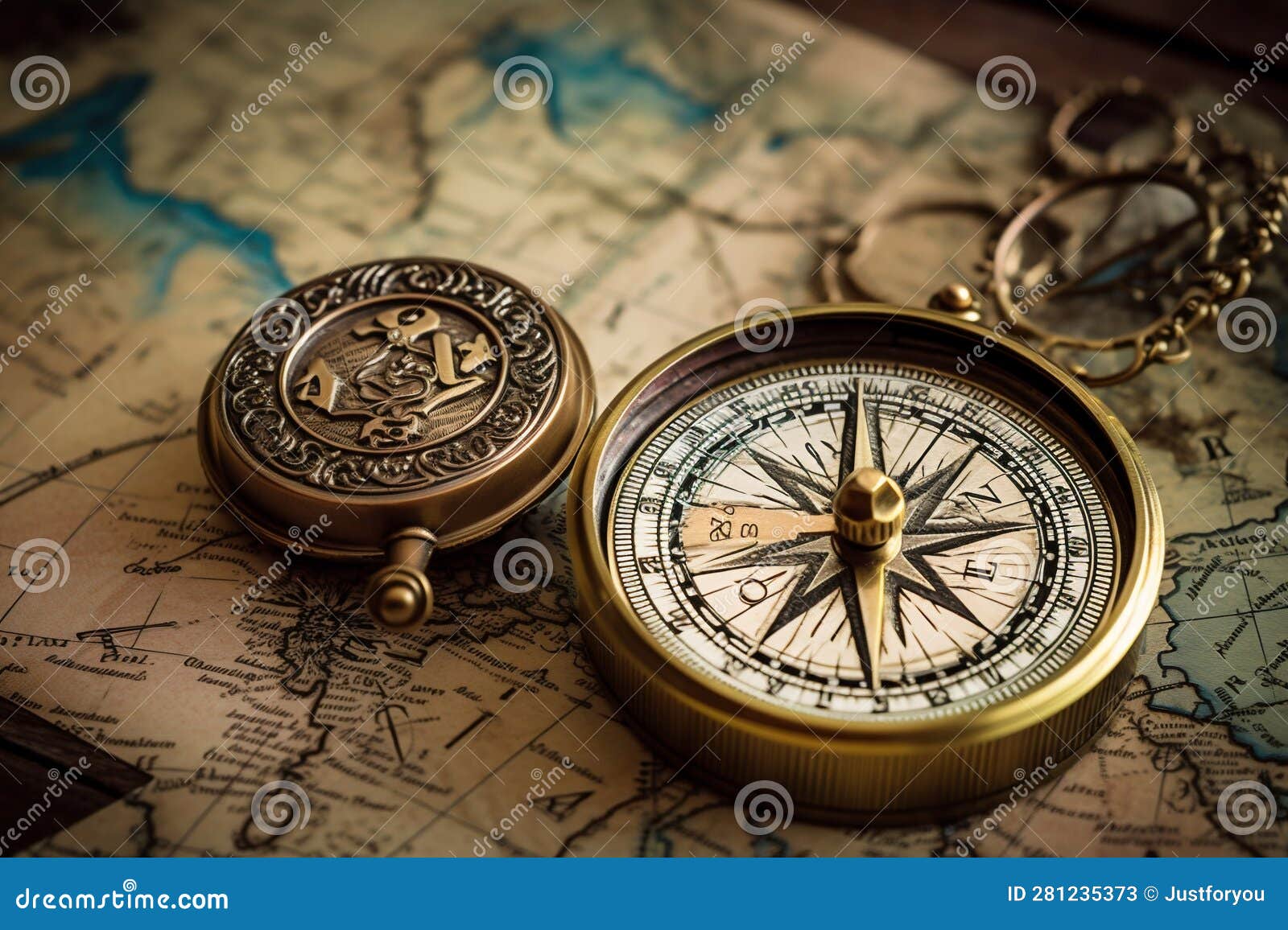 Vintage Compass Lying on an Old Map. Generative Ai Stock Illustration ...