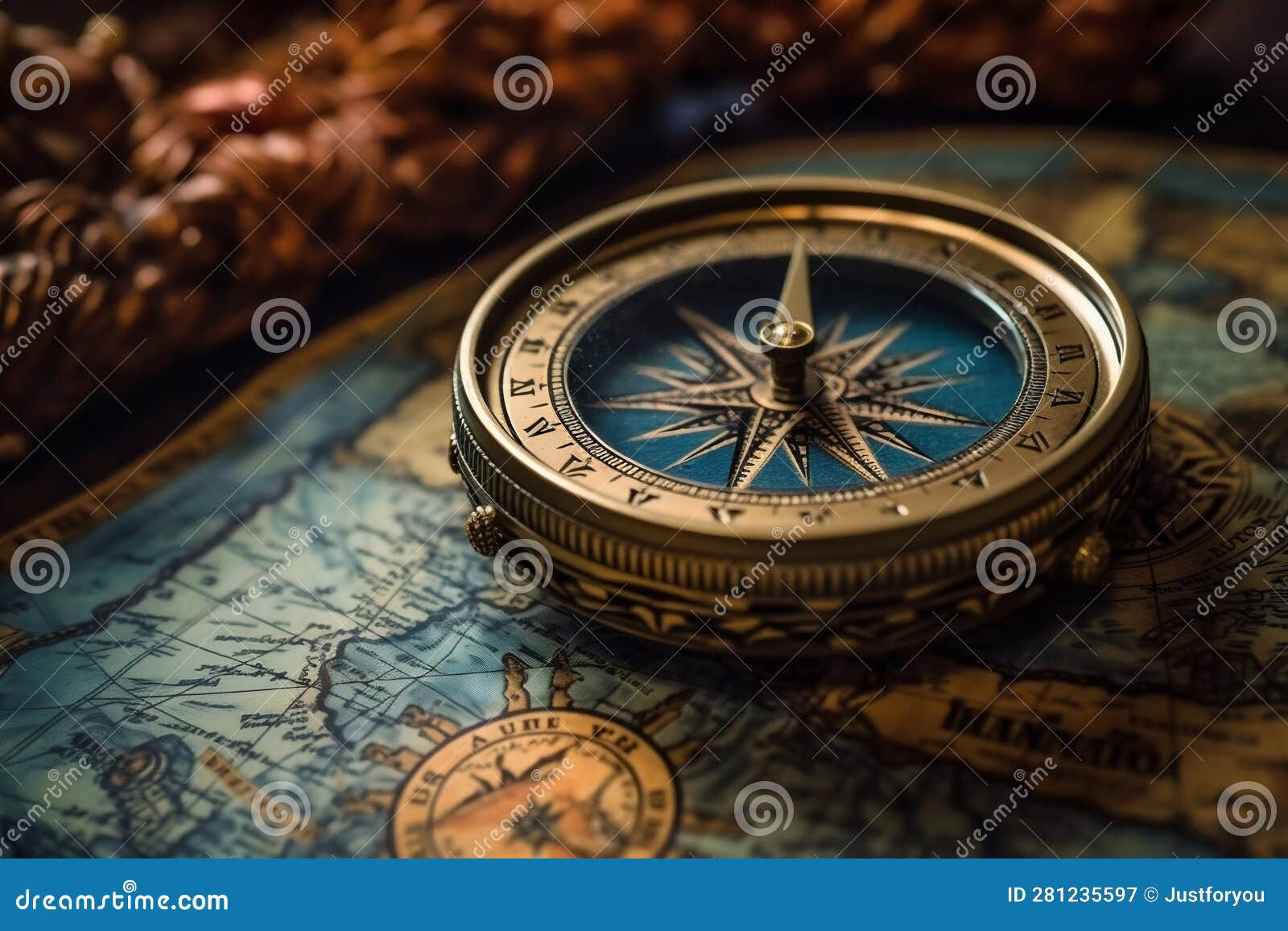 Vintage Compass Lying on an Old Map. Generative Ai Stock Illustration ...