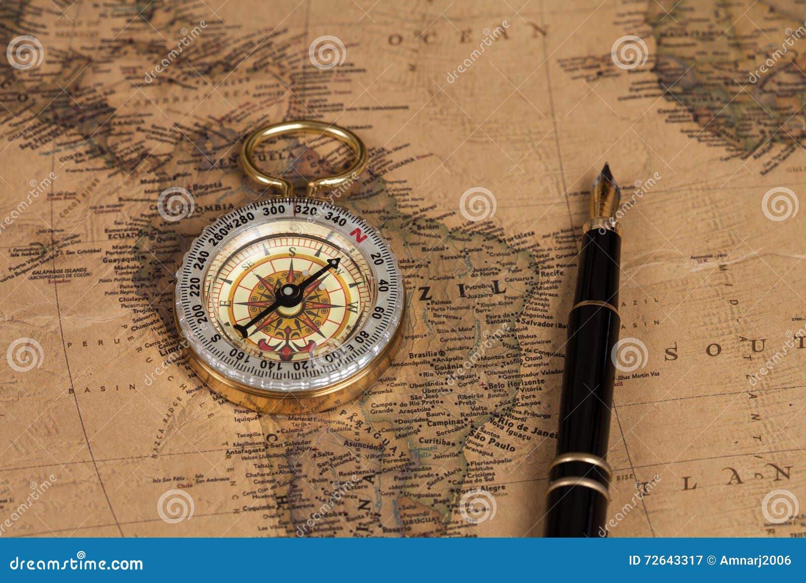 Vintage compass on map stock image. Image of canvas, history - 72643317