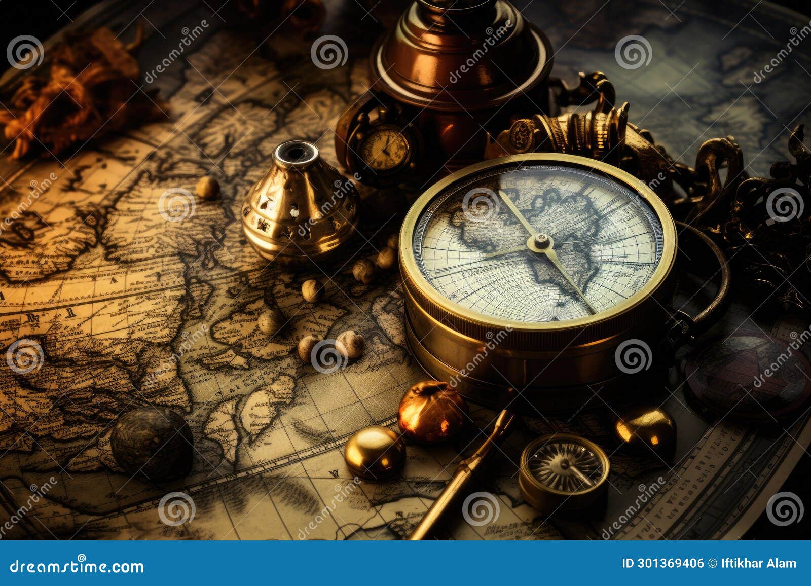 Vintage Compass with Map, an Old Compass, Telescope, and Coins on an ...