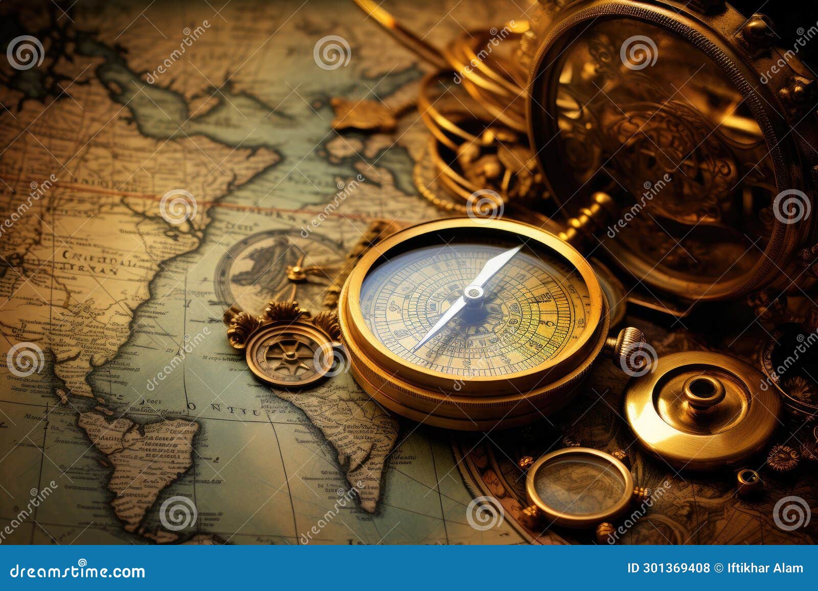 Vintage Compass on the Old Map, an Old Compass, Telescope, and Coins on ...