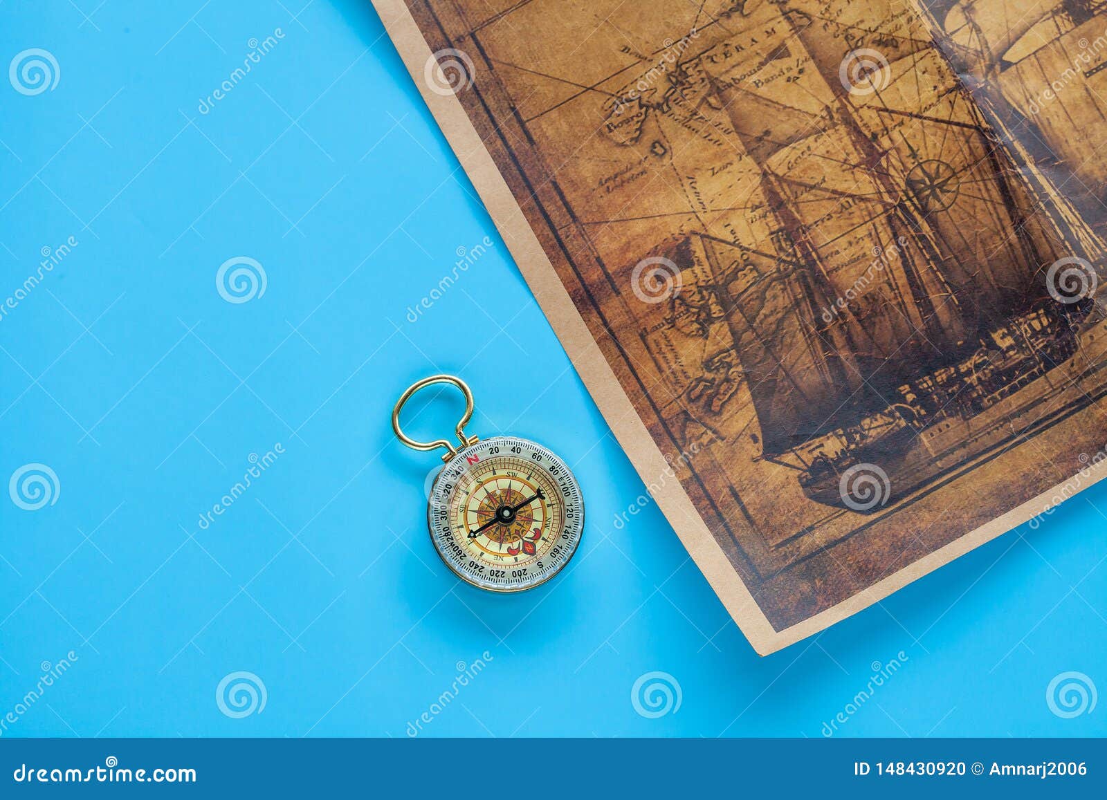 Vintage Compass and Old Sea Map on Color Stock Photo - Image of ...