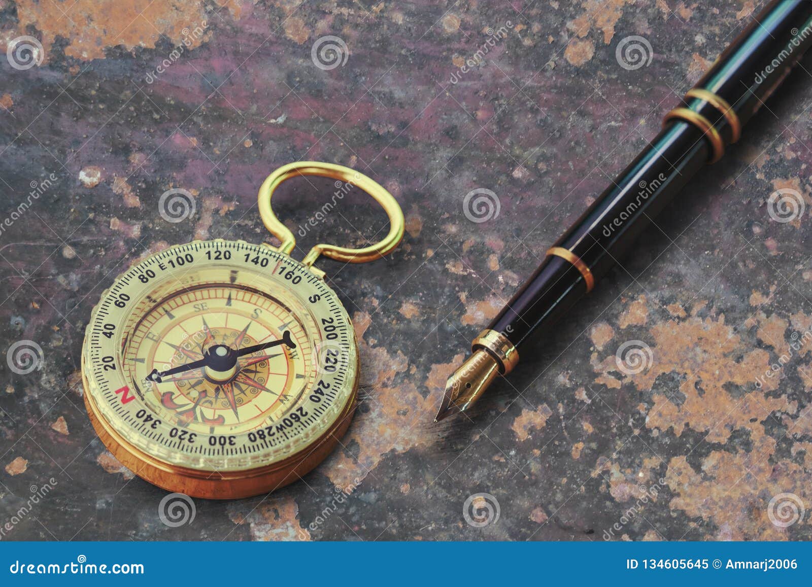 Vintage Compass and Pen on Dirty Rust Stock Image - Image of floor ...
