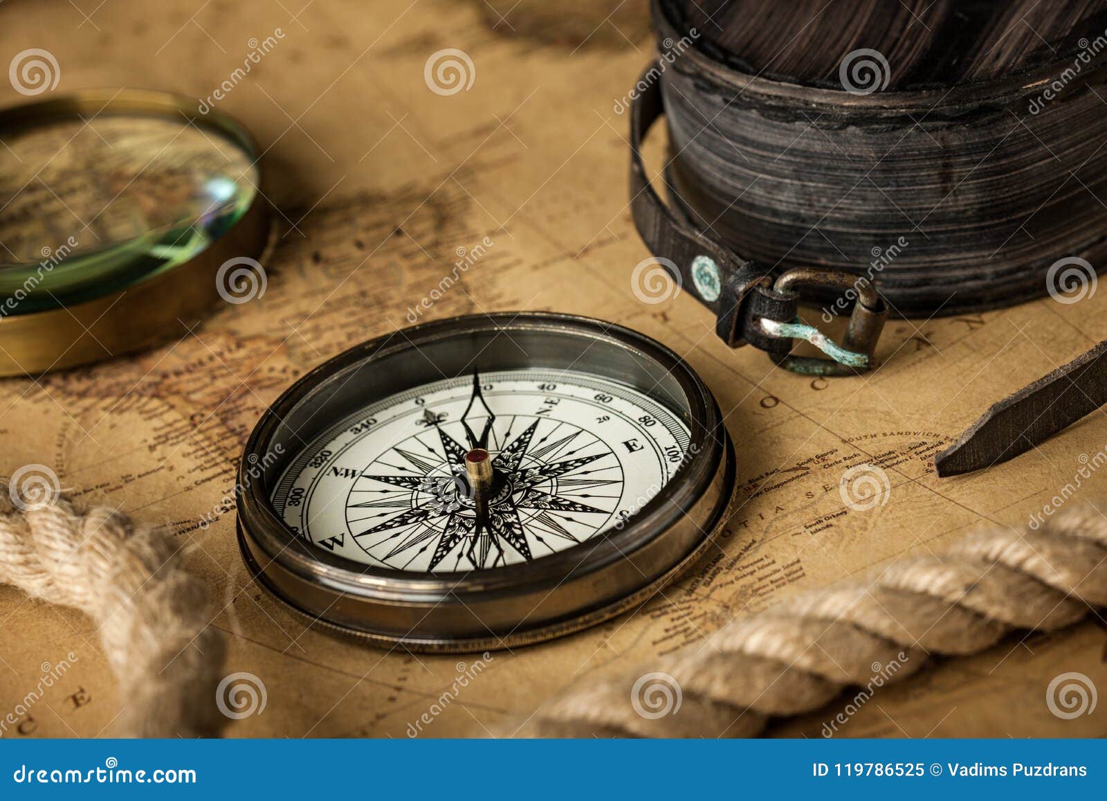 Vintage Compass, Rope and Loupe on Map Stock Image - Image of geography ...
