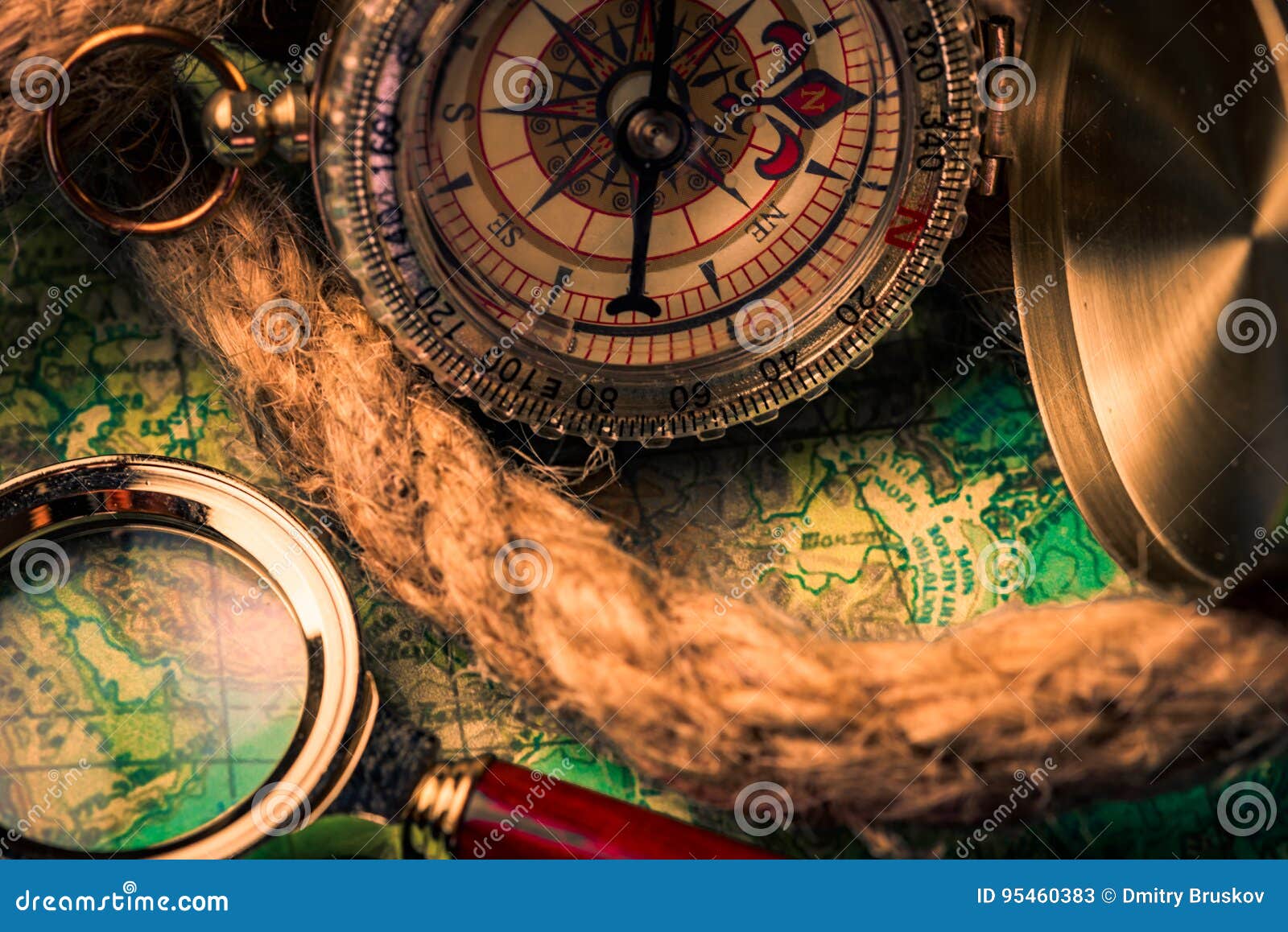 Vintage compass with rope stock image. Image of historic - 95460383