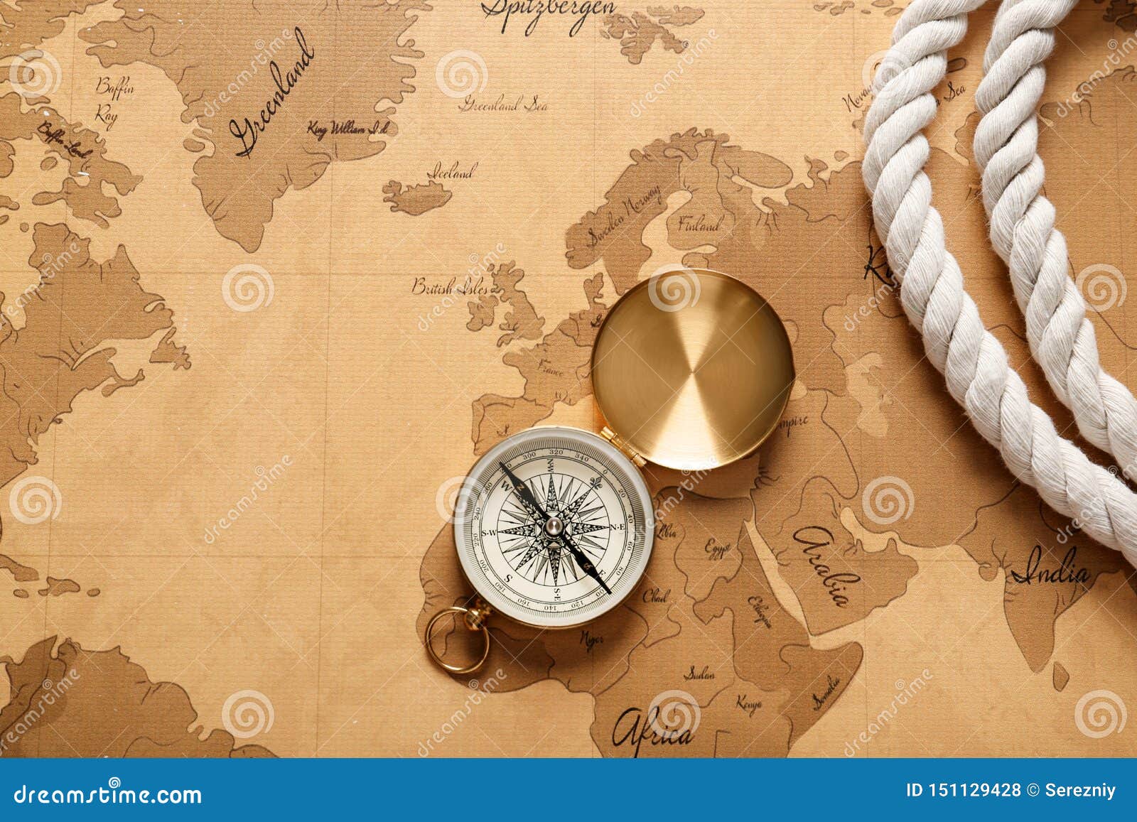 Vintage Compass with Rope on World Map Stock Photo - Image of azimuth ...