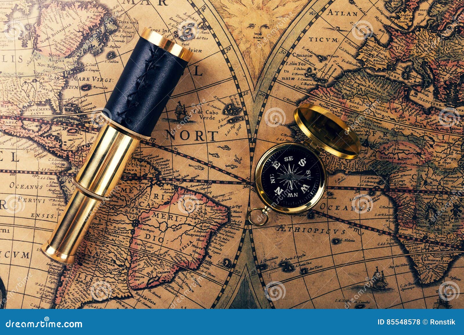Vintage Compass and Spyglass on Ancient World Map Stock Photo - Image ...