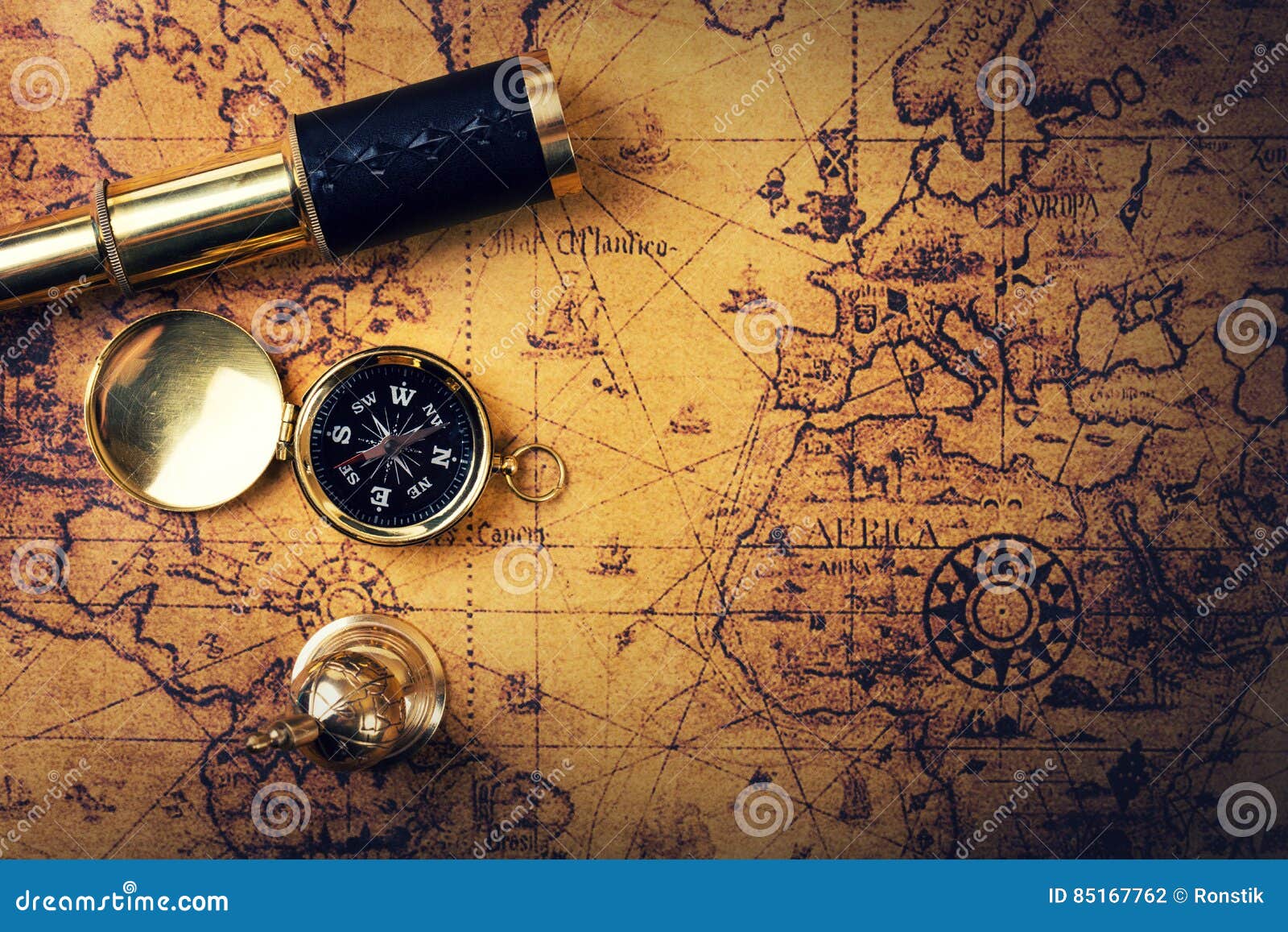 Vintage Compass and Telescope on Old World Map Stock Photo - Image of ...