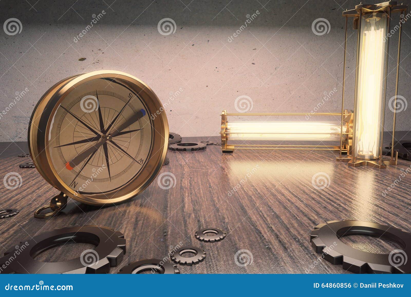 Vintage Compass on a Wooden Table with Lamps Stock Illustration ...