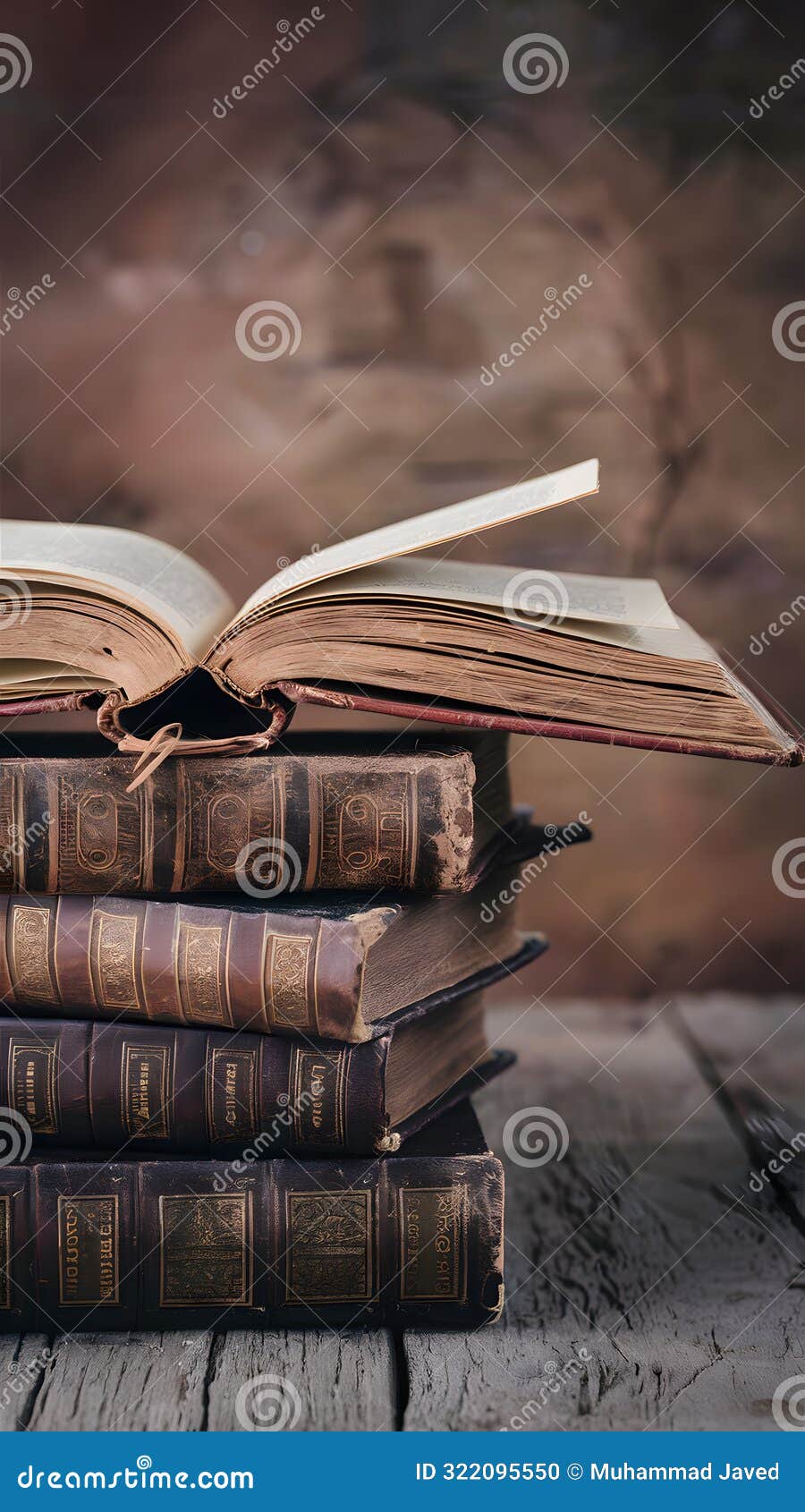 Vintage Composition with Open Old Book on Stack of Worn Leather Bound ...