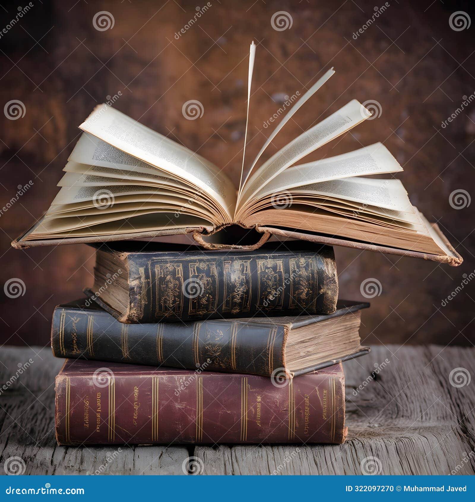 Vintage Composition with Open Old Book on Stack of Worn Leather Bound ...