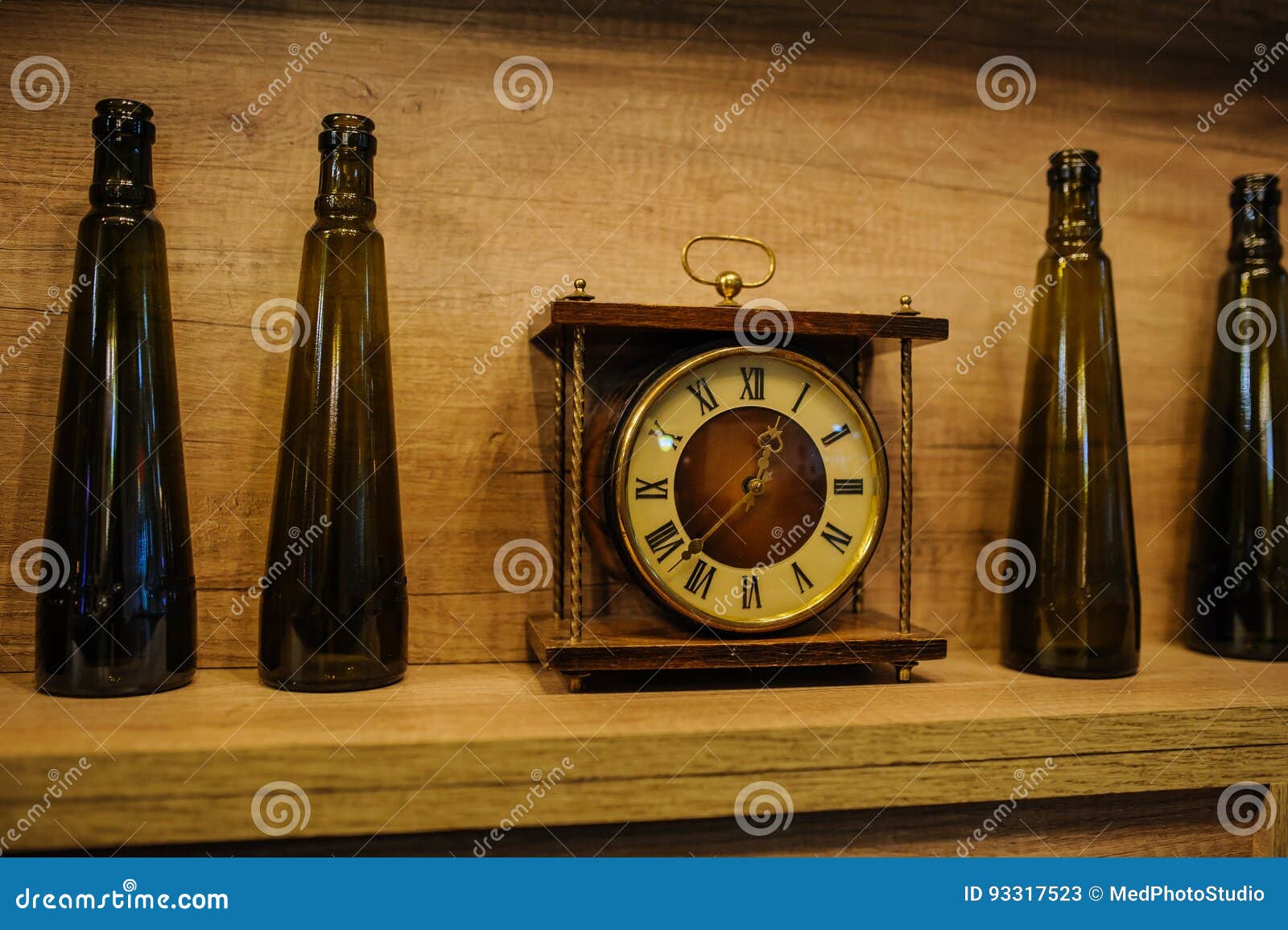 Vintage Composition of Old Wine Bottle and Clock Stock Image - Image of ...