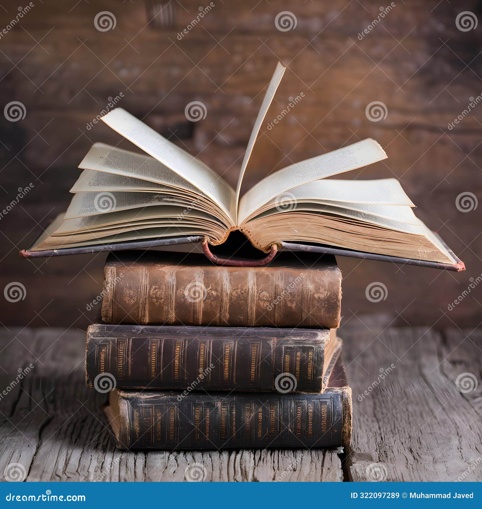 Vintage Composition with Open Old Book on Stack of Worn Leather Bound ...