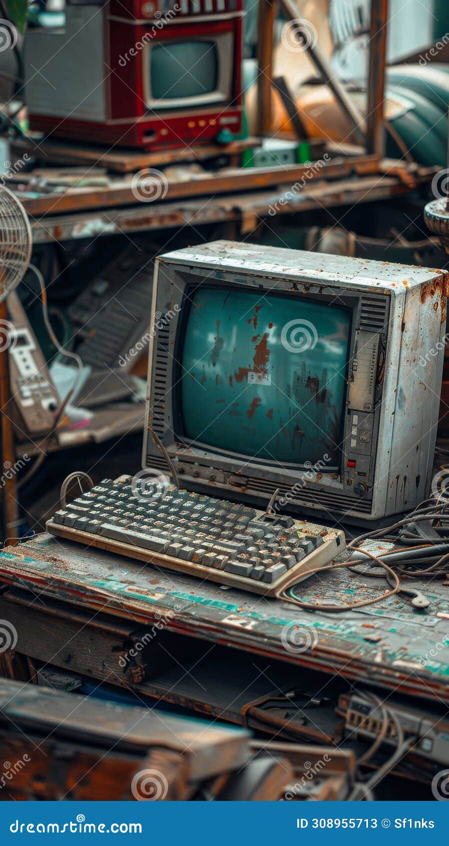 A Vintage Computer Lays Amidst a Clutter of Tools and Parts in a Rustic ...