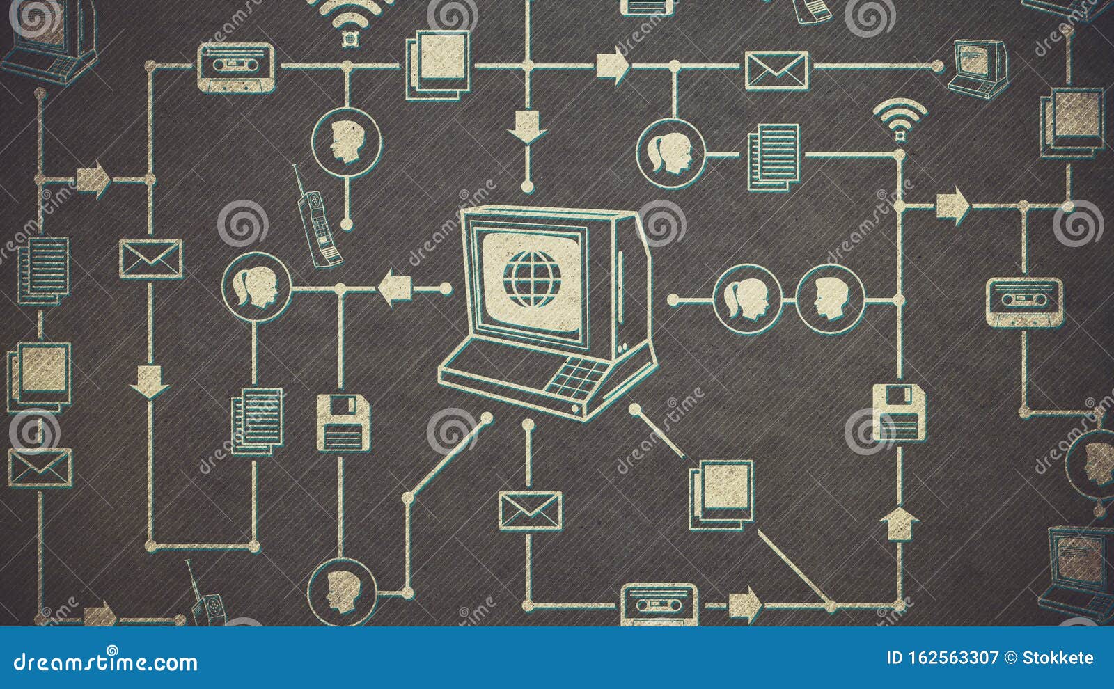 Vintage Computer and Network of Icons Stock Image - Image of revival ...