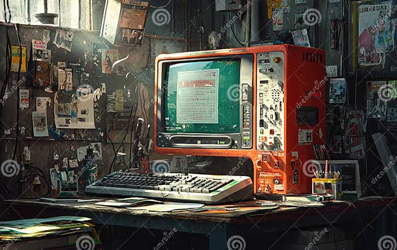 Vintage Computer with a Retro Aesthetic in a Messy Workspace Stock ...