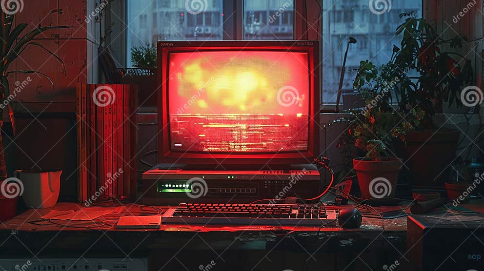 Vintage Computer Screen Displaying Pixelated Startup Stock Photo ...