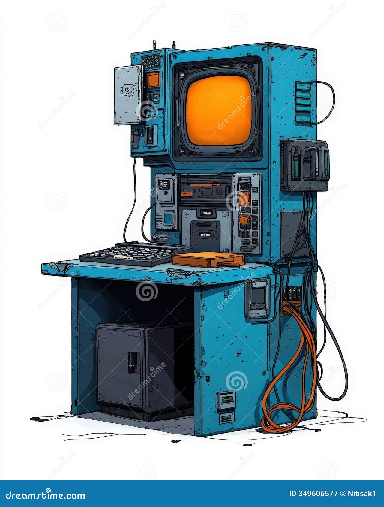 Vintage Computer Setup with Orange Screen Stock Illustration ...