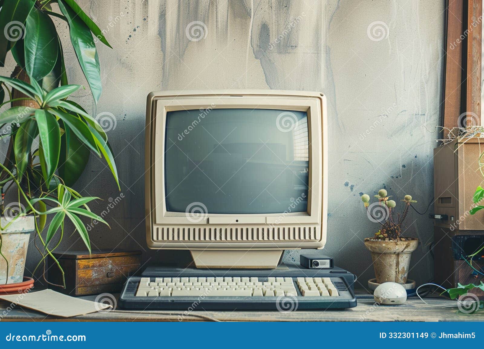 Vintage Computer Setup in a Rustic Interior Stock Illustration ...