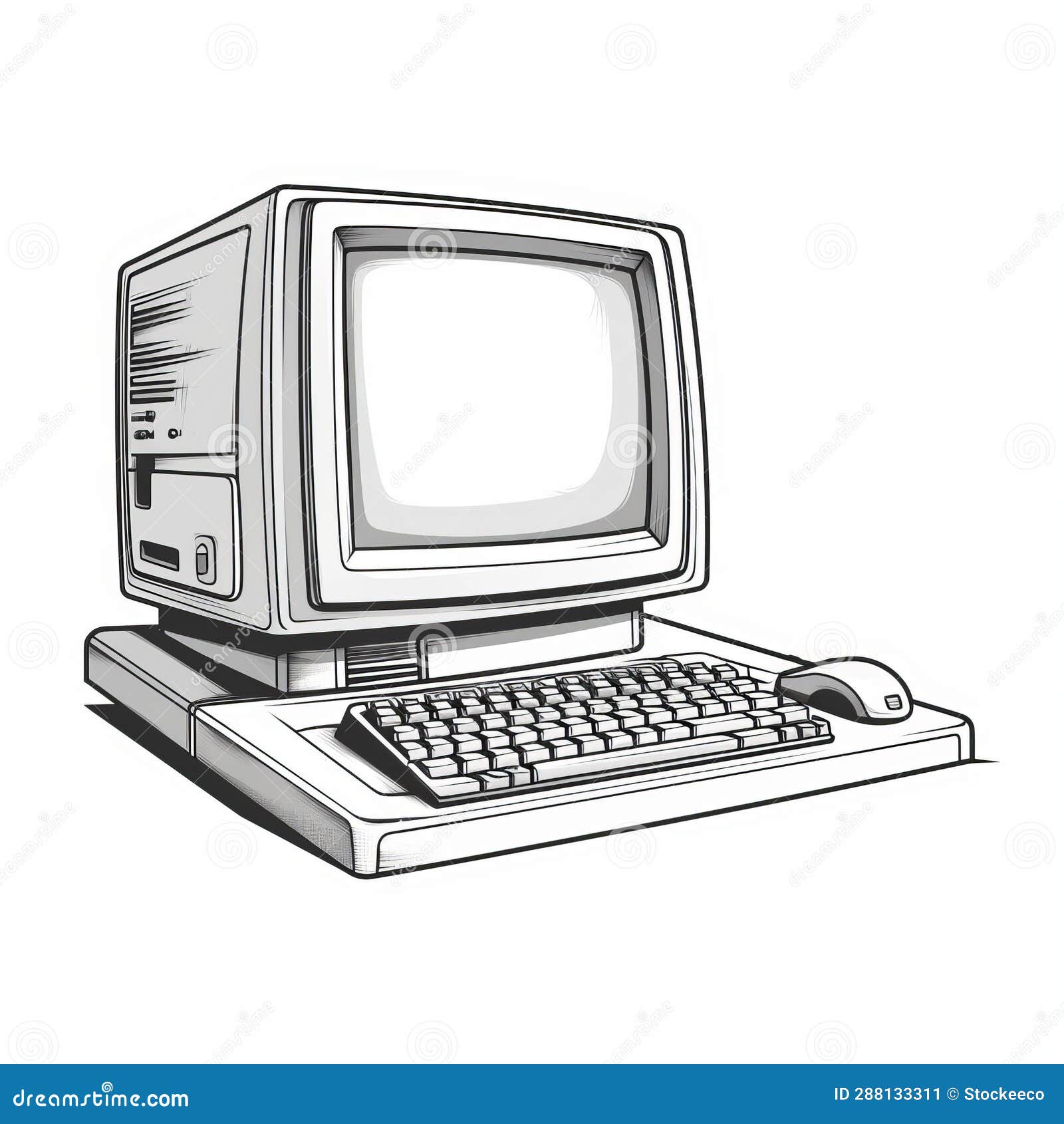 Vintage Computer Vector Illustration with Simple Line Art Stock ...