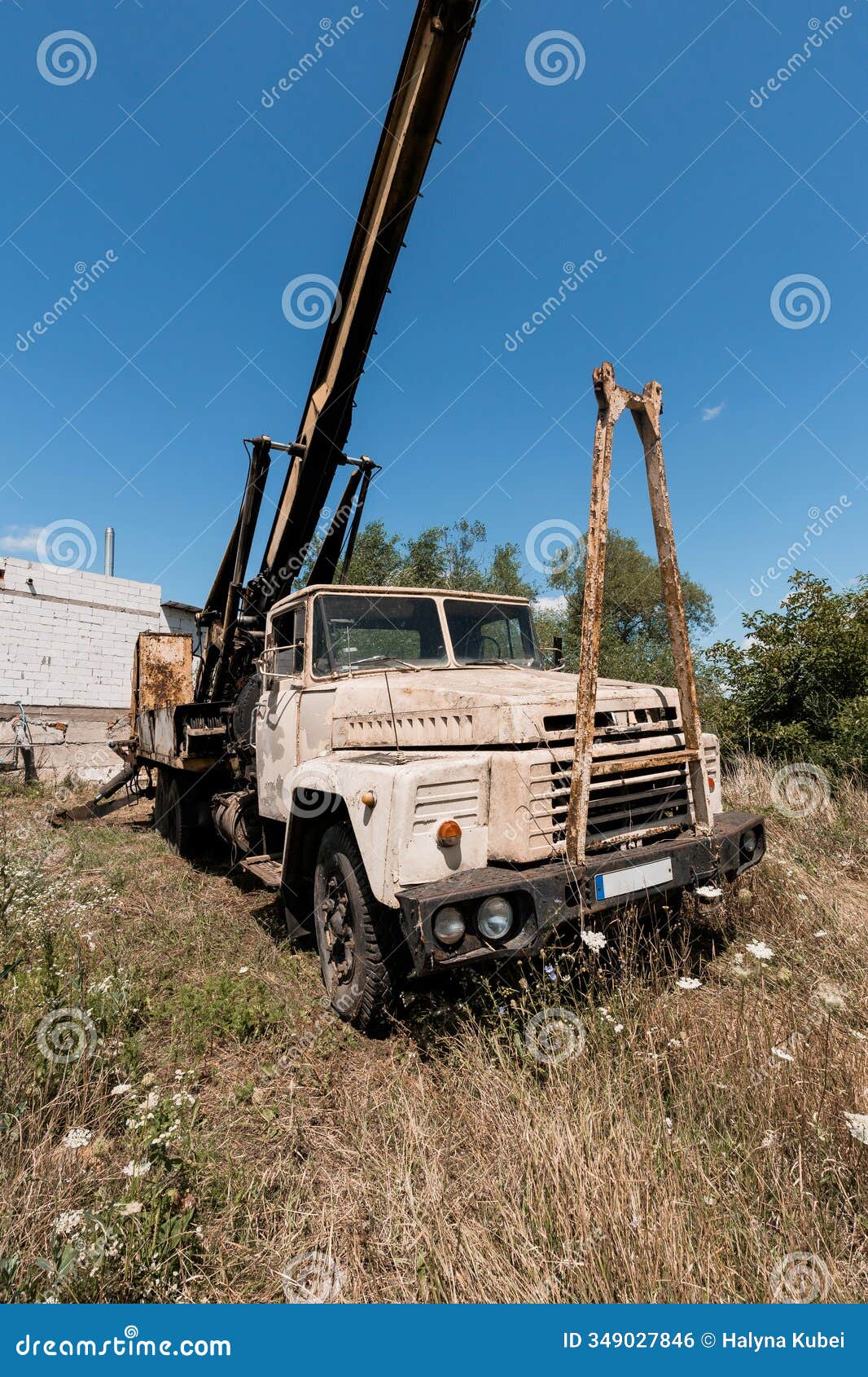 Vintage Construction Crane Truck Rusting in Overgrown Field Stock Photo ...