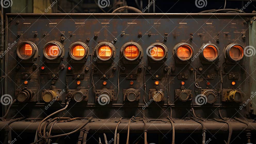 Vintage Control Panel with Glowing Dials and Wires, Located in an ...