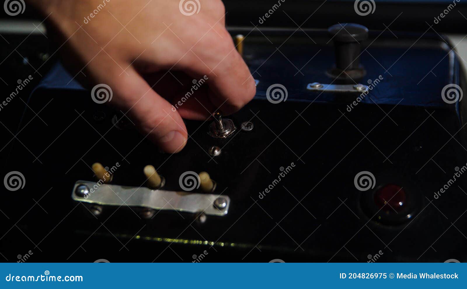 Vintage Control Panel with Levers. Media. Close-up of Man Pressing ...
