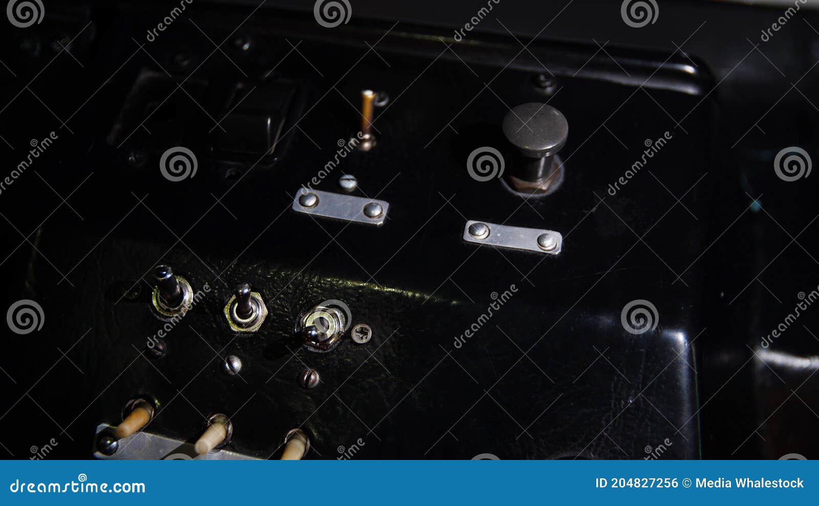 Vintage Control Panel with Levers. Media. Close-up of Man Pressing ...