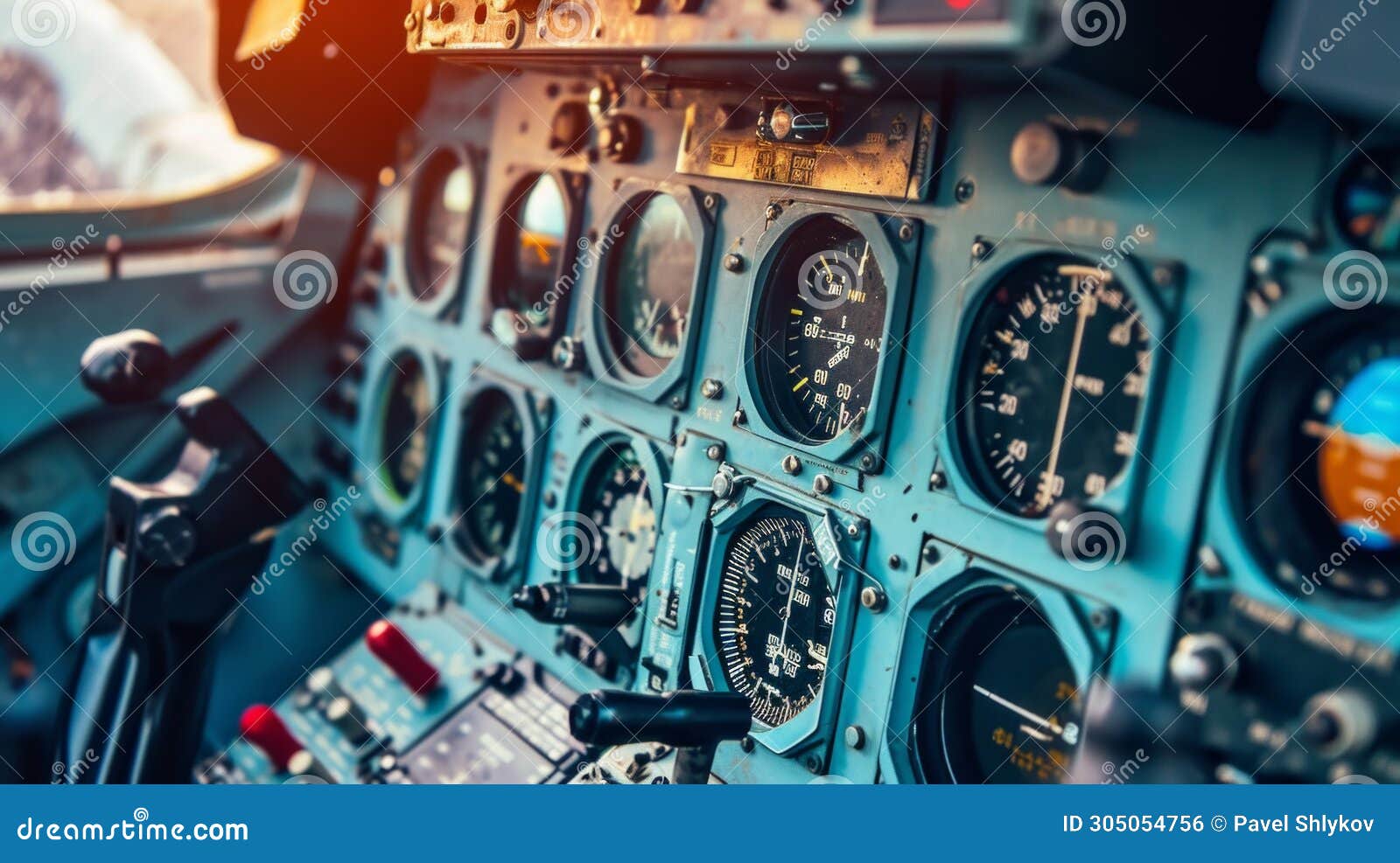 Vintage Control Panel in Plane Cockpit. Analogue Control Devices Stock ...