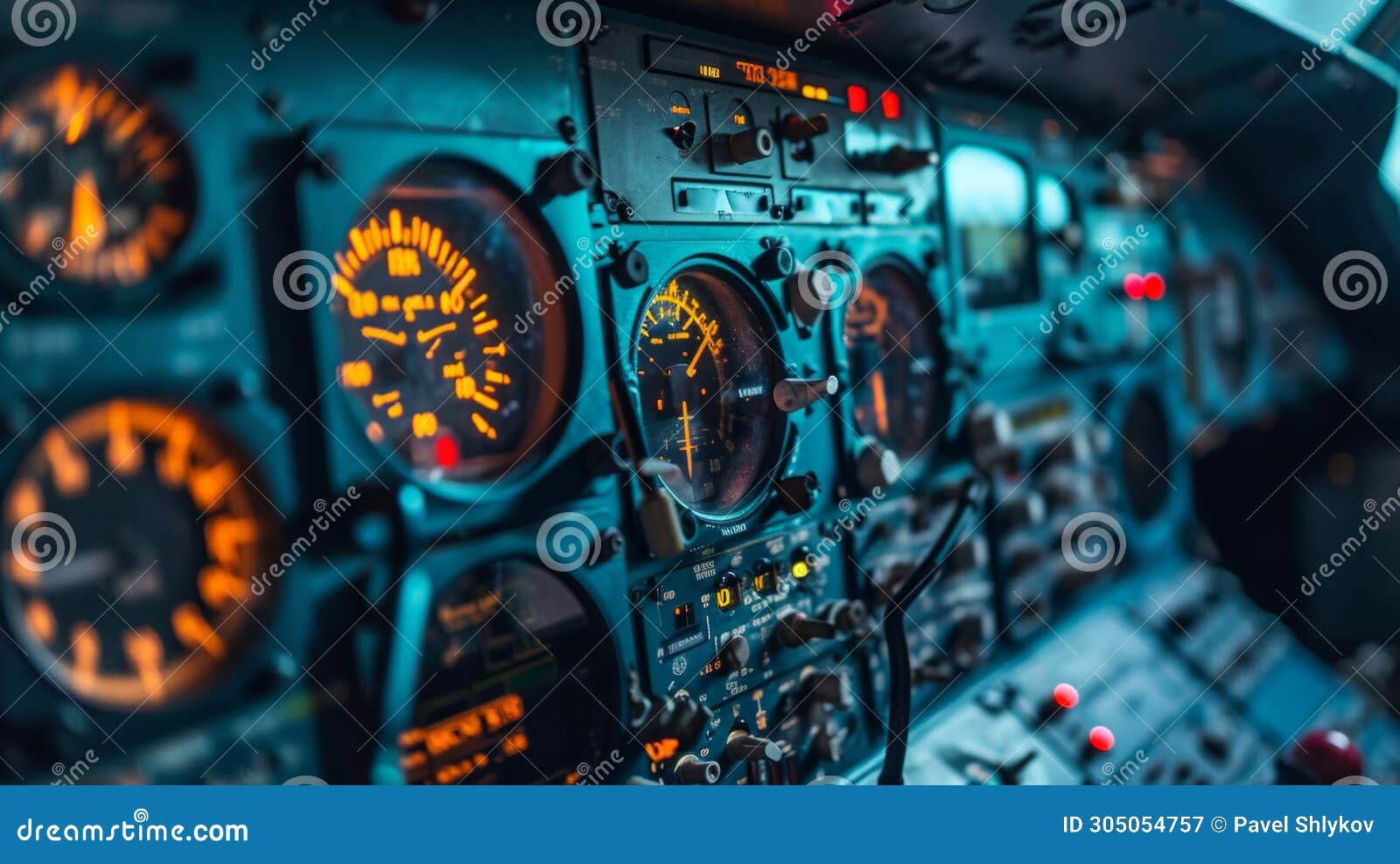 Vintage Control Panel in Plane Cockpit. Analogue Control Devices Stock ...