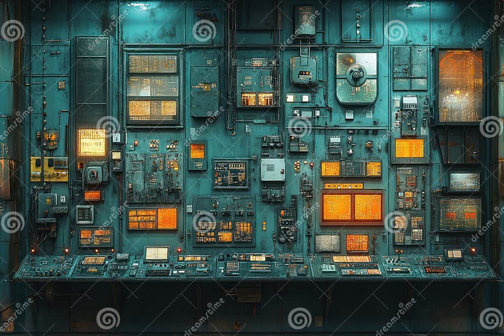 A Vintage Control Panel with Various Buttons, Switches, Dials, and ...