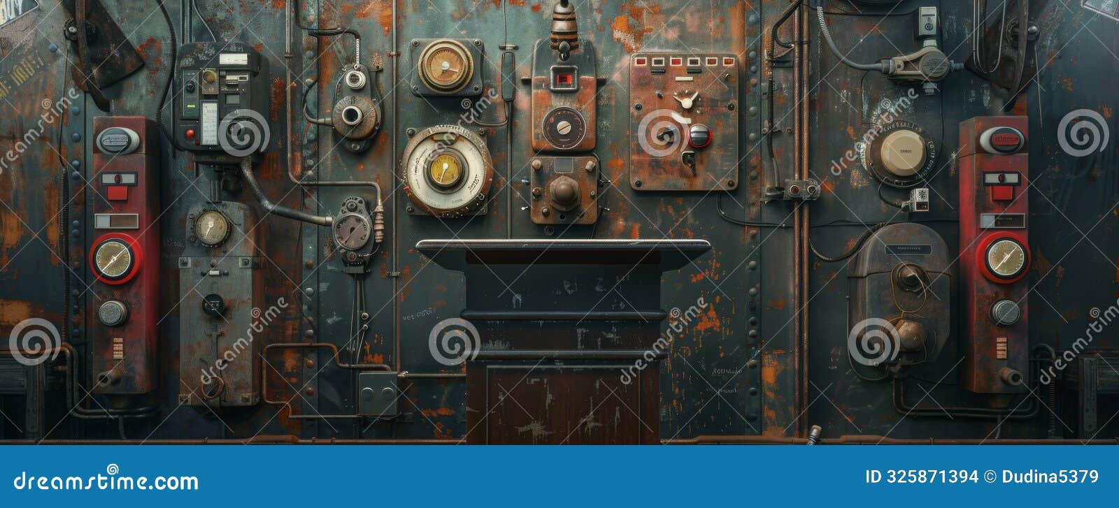 Vintage Control Panel with Various Dials, Gauges, and Switches on a ...