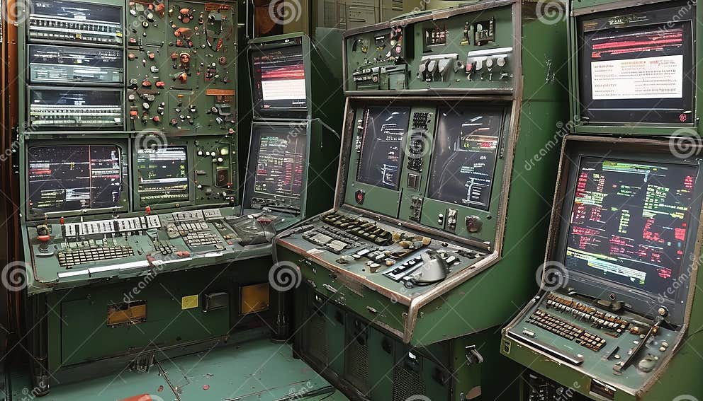 Vintage Control Room with Outdated Technology and Multiple Monitors ...