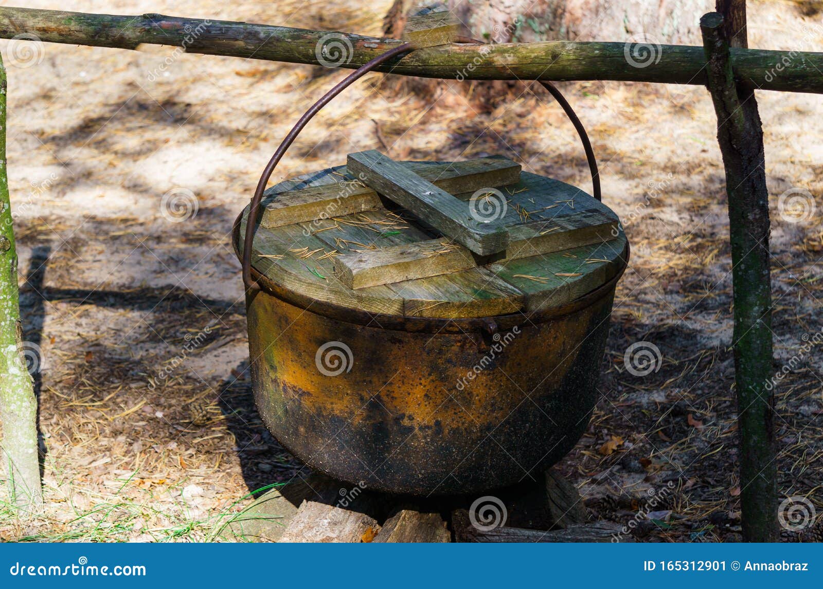 Vintage Cooking Option. Firewood and Iron Pot Stock Image - Image of ...
