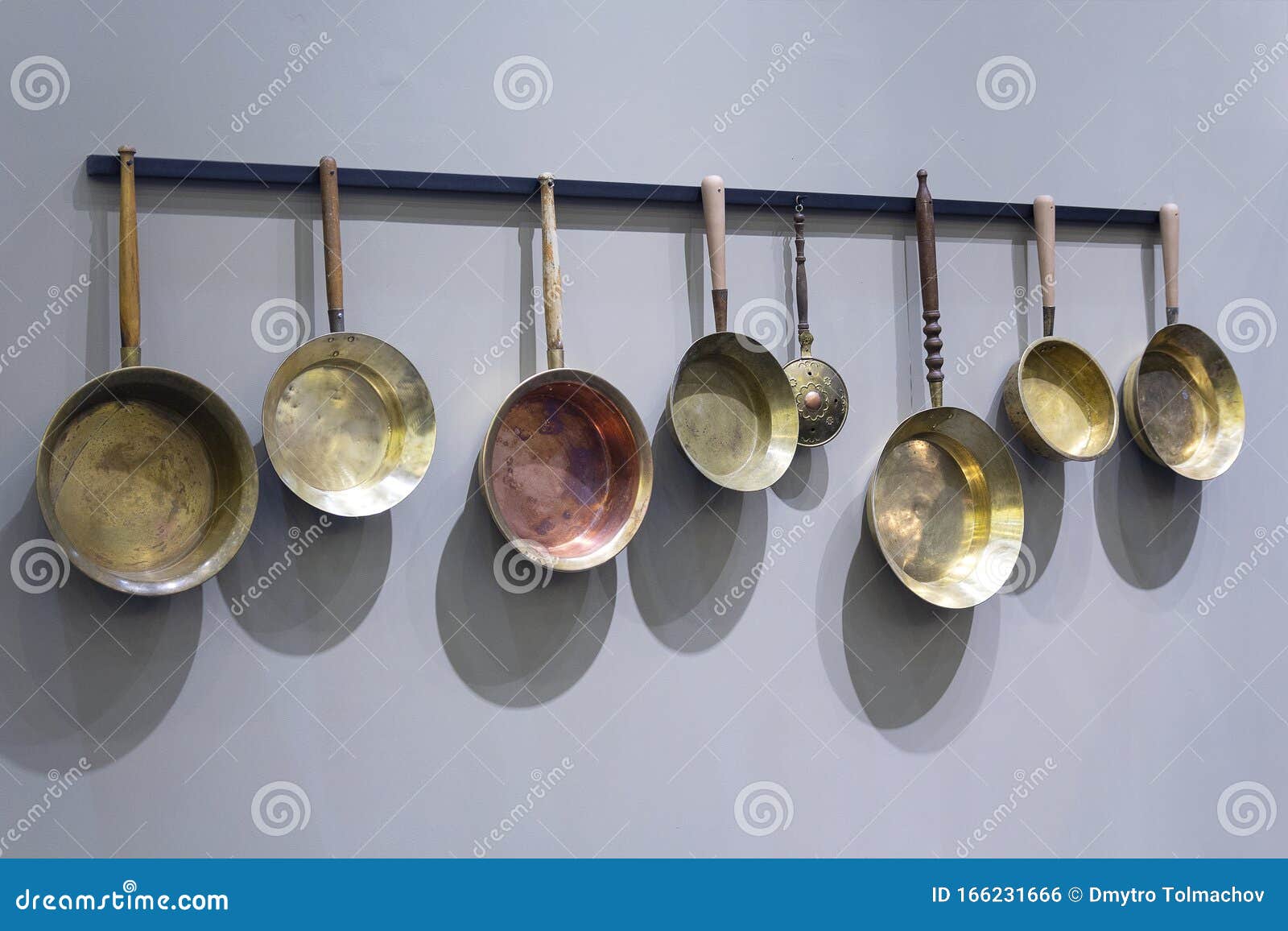 Vintage copper frying pans stock photo. Image of ladle - 166231666