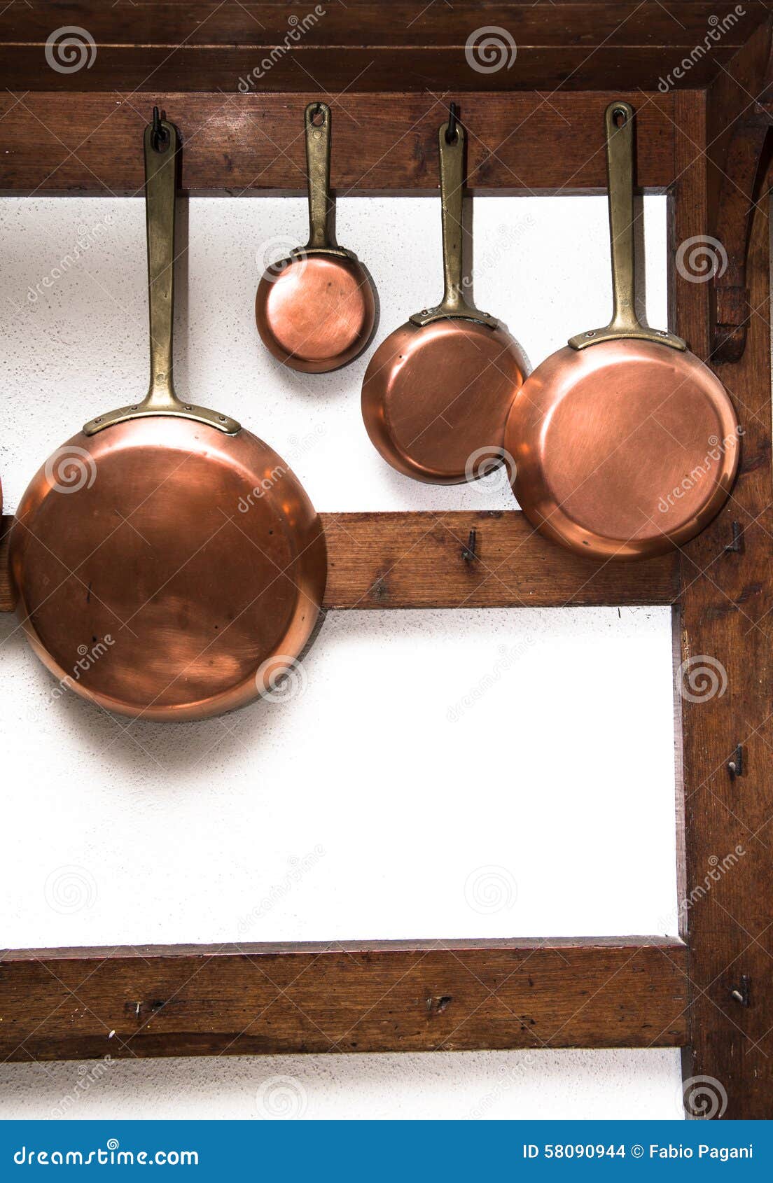 Vintage Copper Pans Hung on Wooden Shelf Stock Photo - Image of hung ...