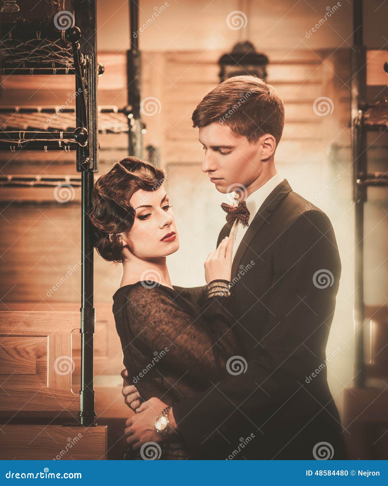 Vintage Couple in Retro Train Coach Stock Photo - Image of indoors ...