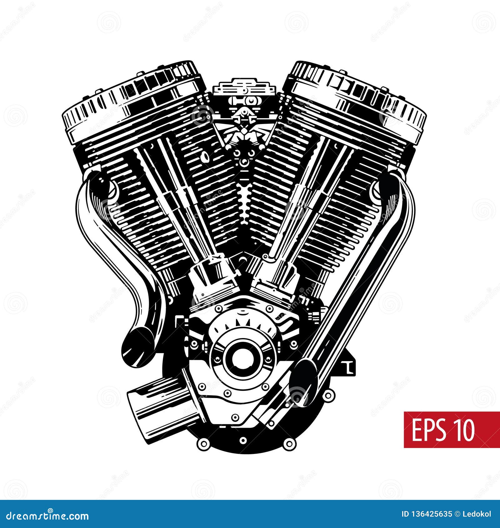 Vintage Custom Motorcycle Engine Isolated on White. Monochrome Vector ...