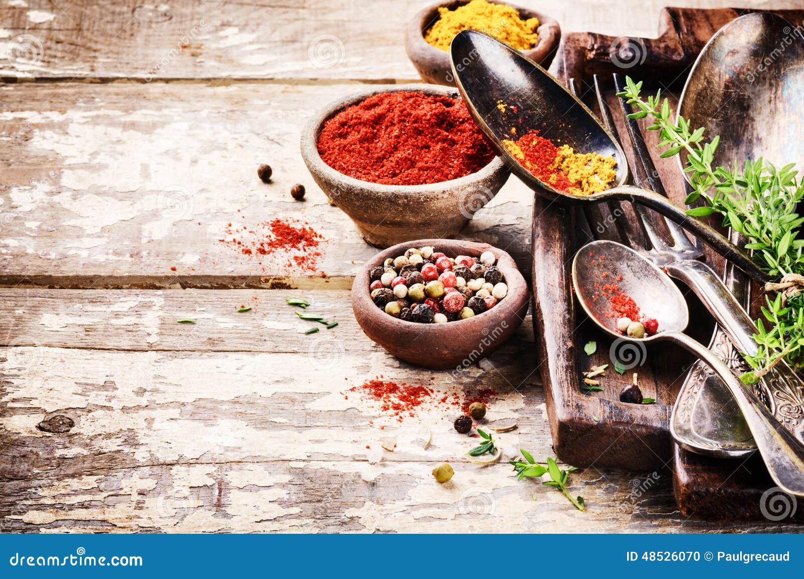 Vintage Cutlery and Colorful Mix of Spices Stock Photo - Image of grain ...