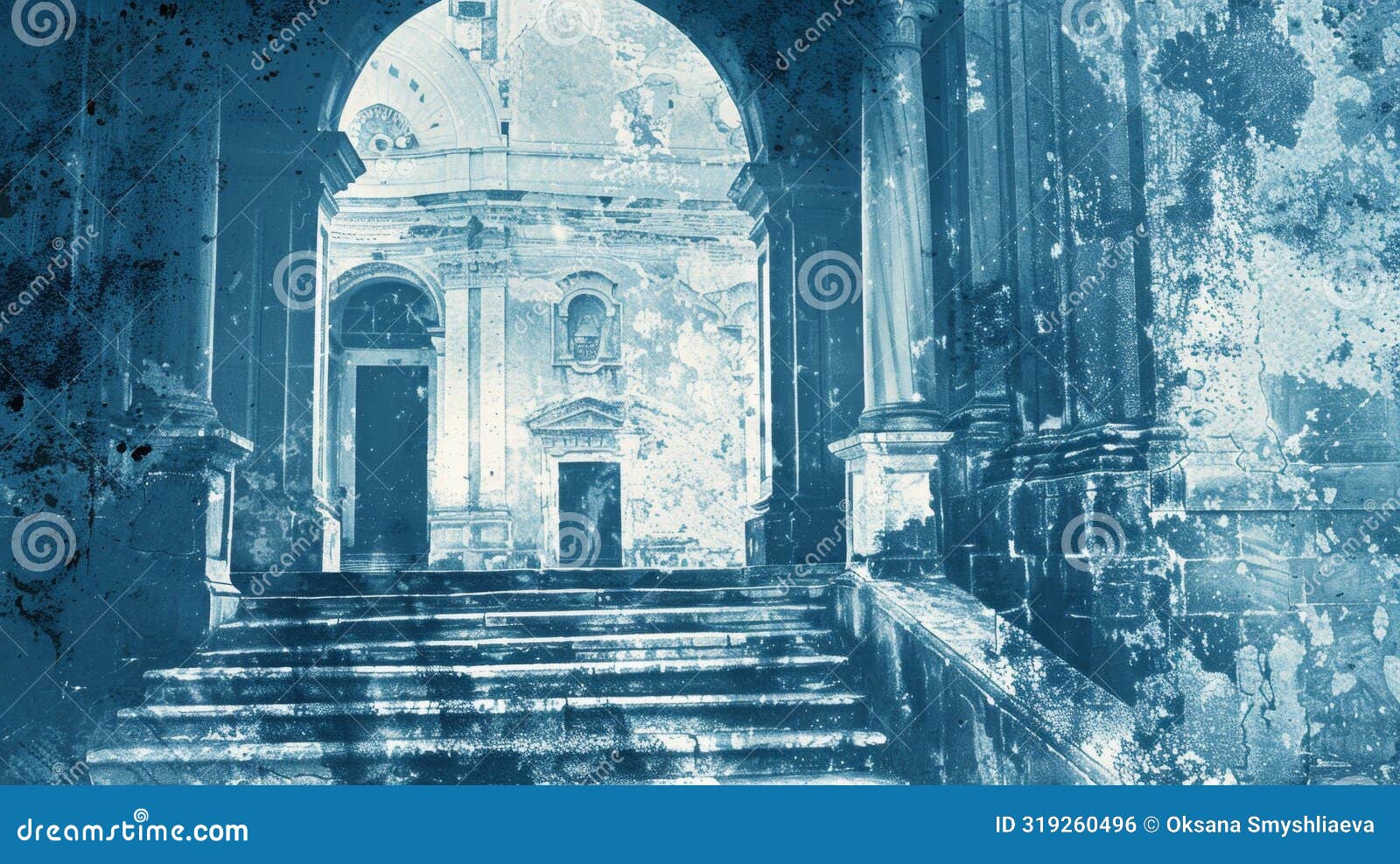 Vintage Cyanotype Architecture with Stairs and Arches Stock Photo ...