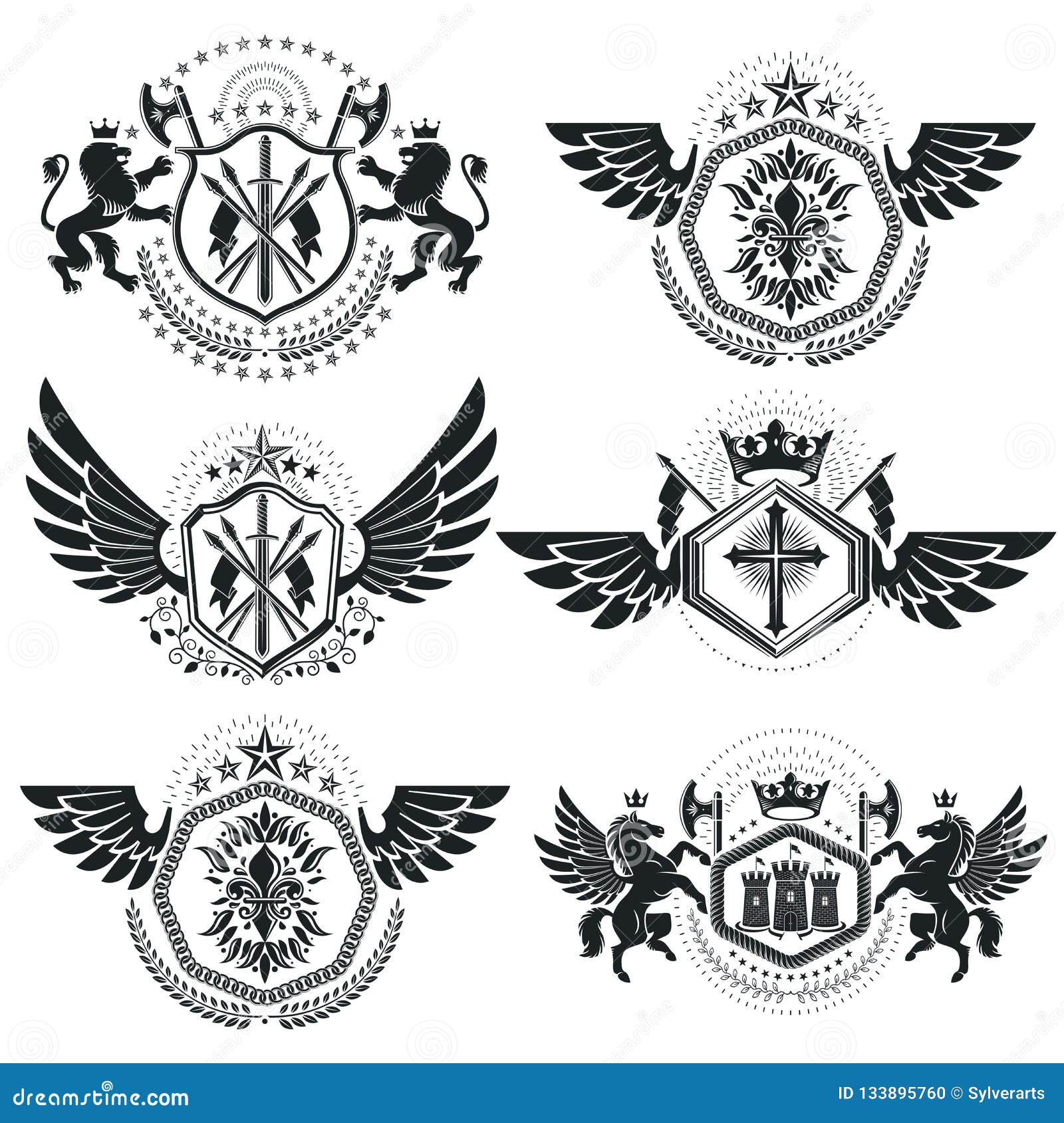 Vintage Decorative Emblems Compositions, Heraldic Vectors. Class Stock ...