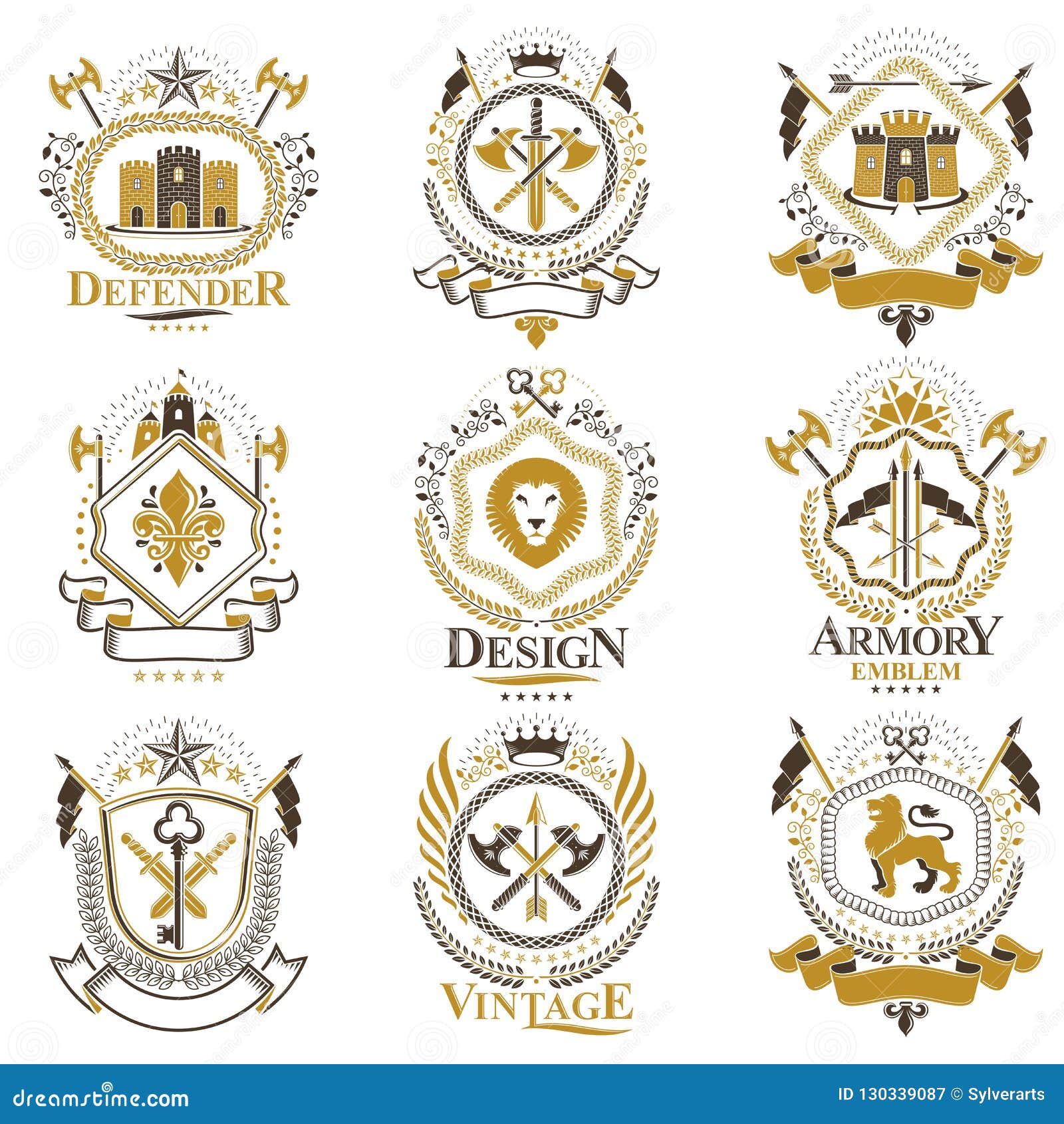 Heraldic Emblems, Shields Lions And Swords. Cartoon Vector ...