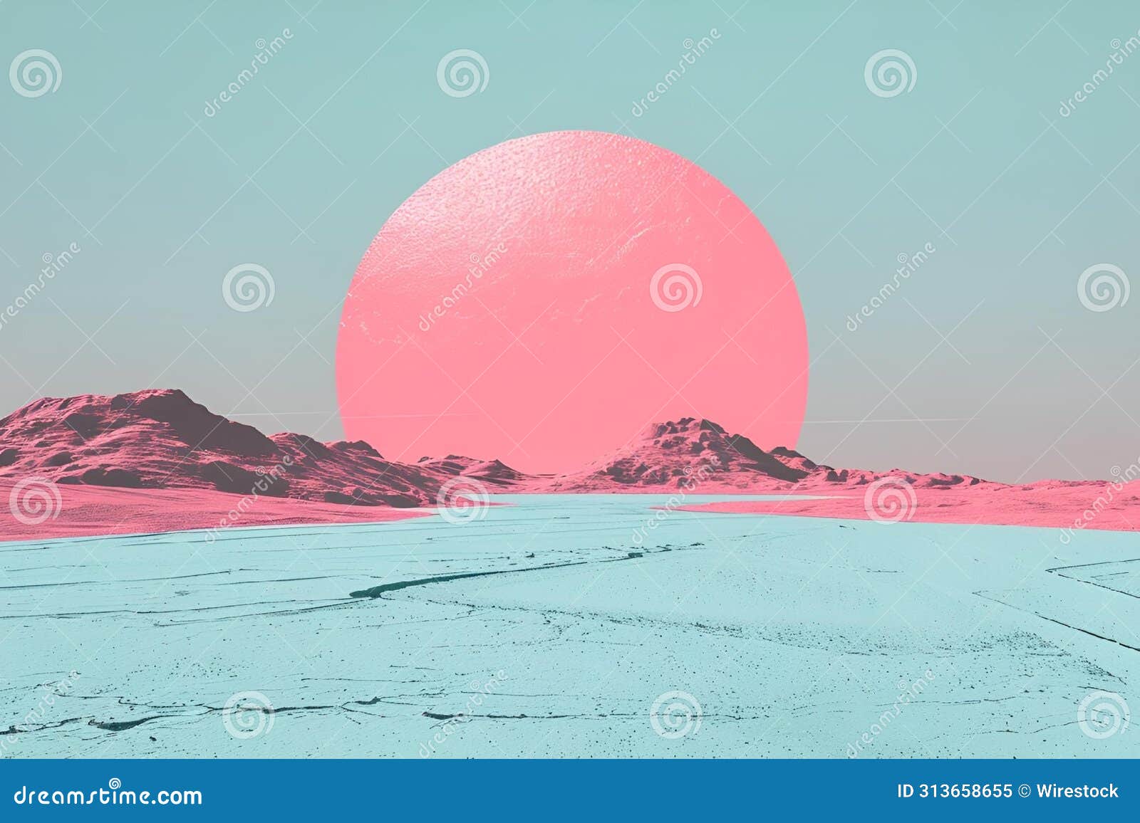 Vintage Desert Landscape with a Red and Blue Sun in the Sky, AI ...