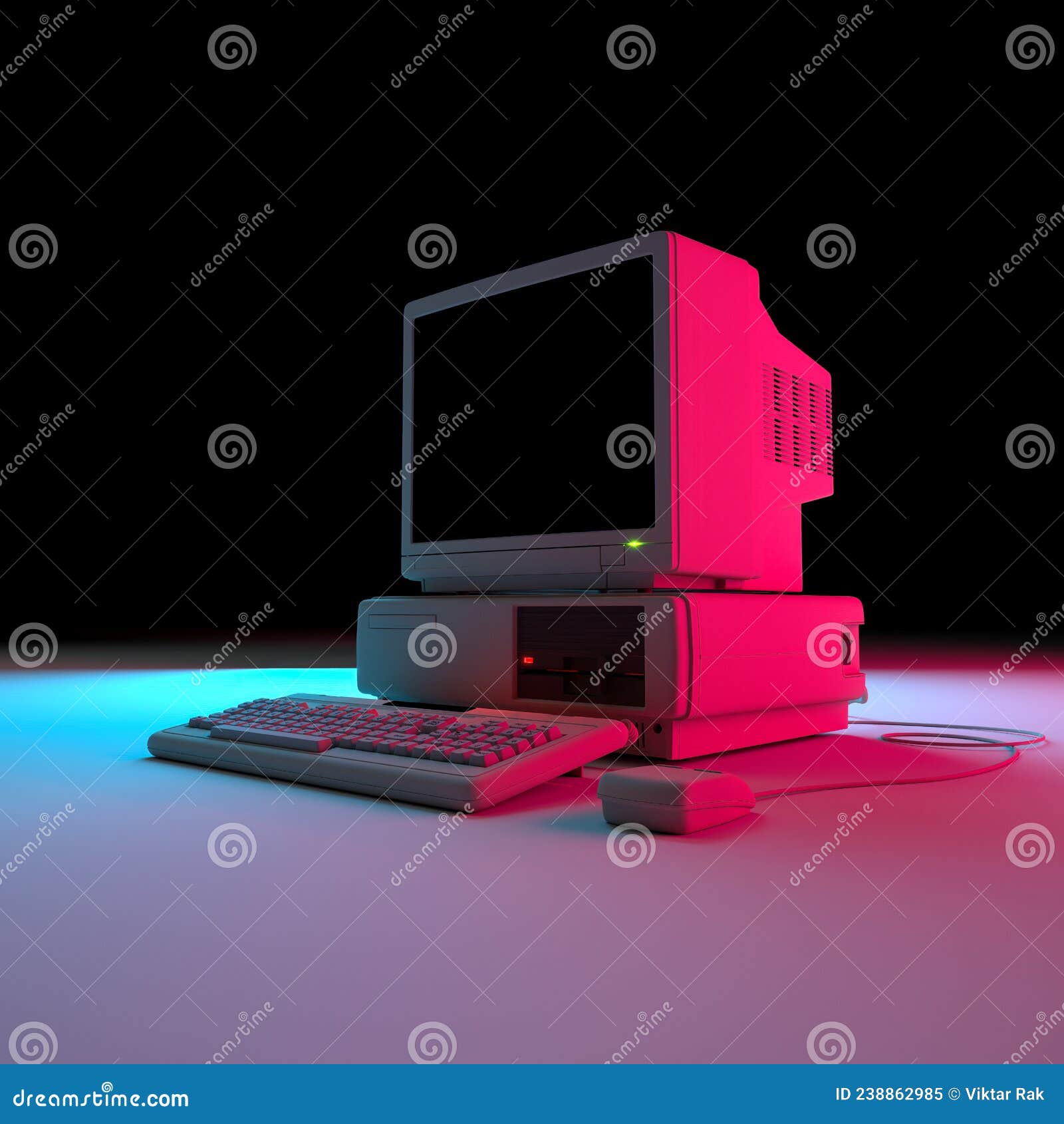 Vintage Desktop PC with Blank Screen in Neon Light Stock Illustration ...