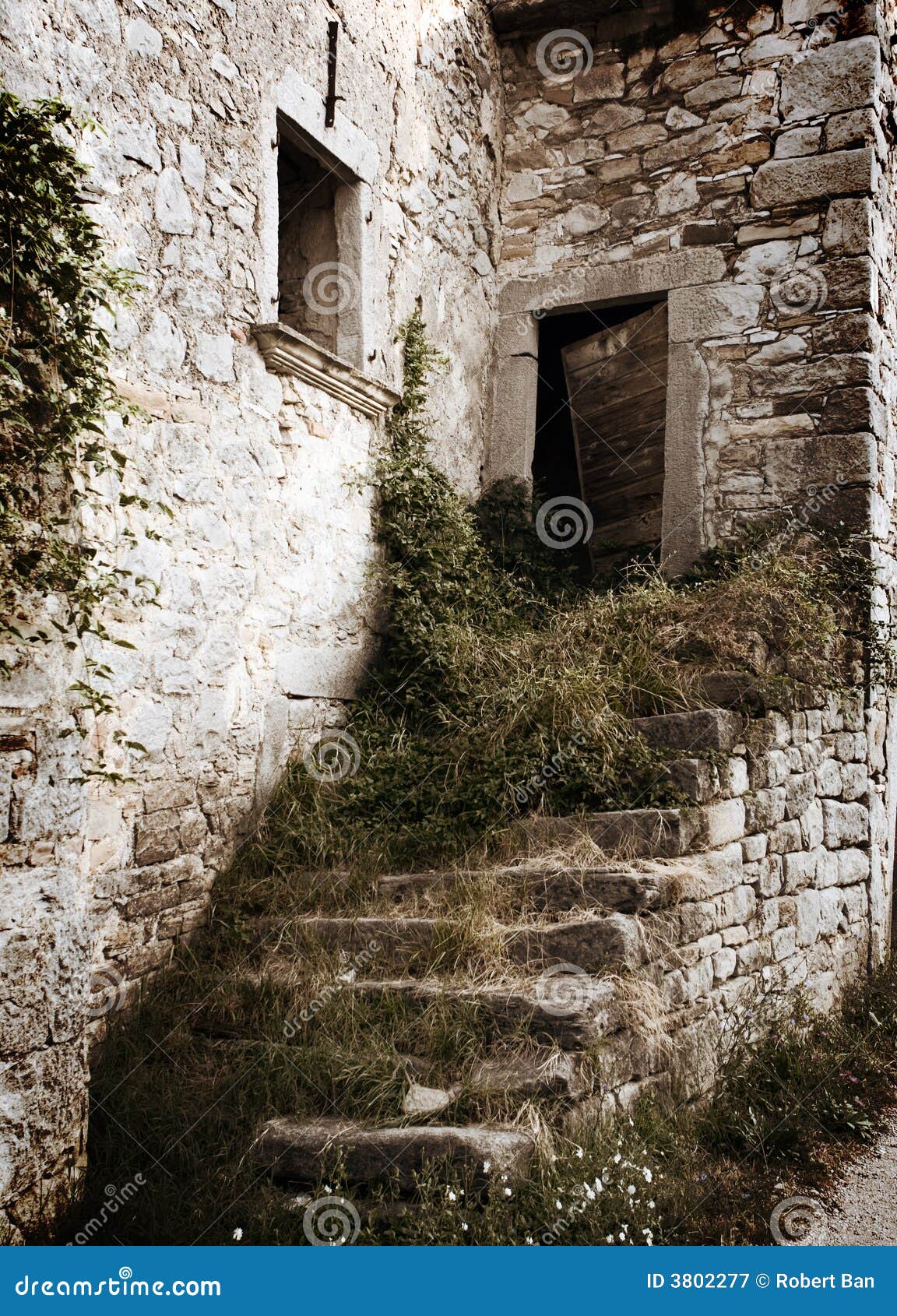 Destroyed Stairs With A Metal Railing Nostalgically Lit Stock ...