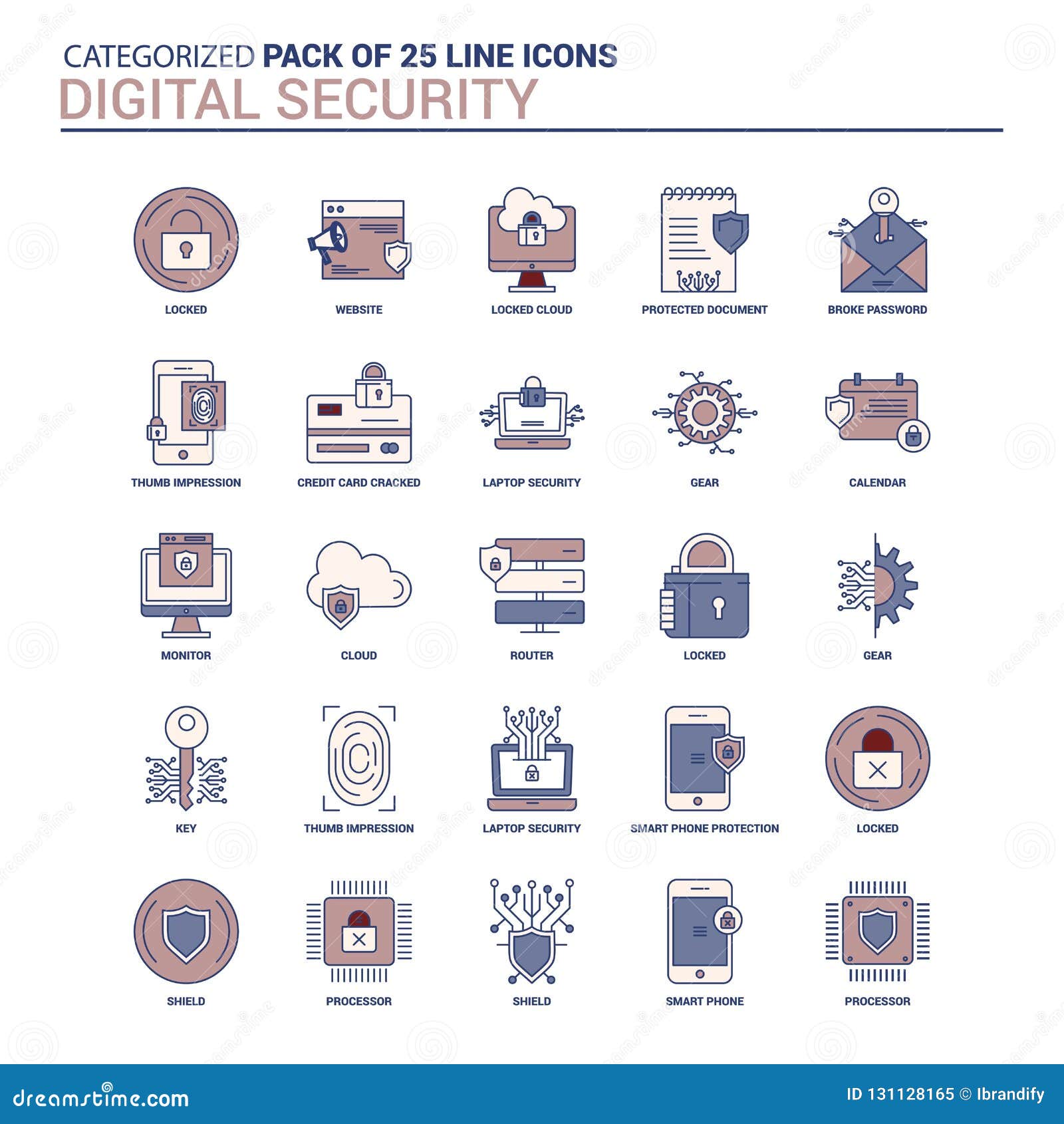 Vintage Digital Security Icon Set - 25 Flat Line Icon Set Stock Vector ...