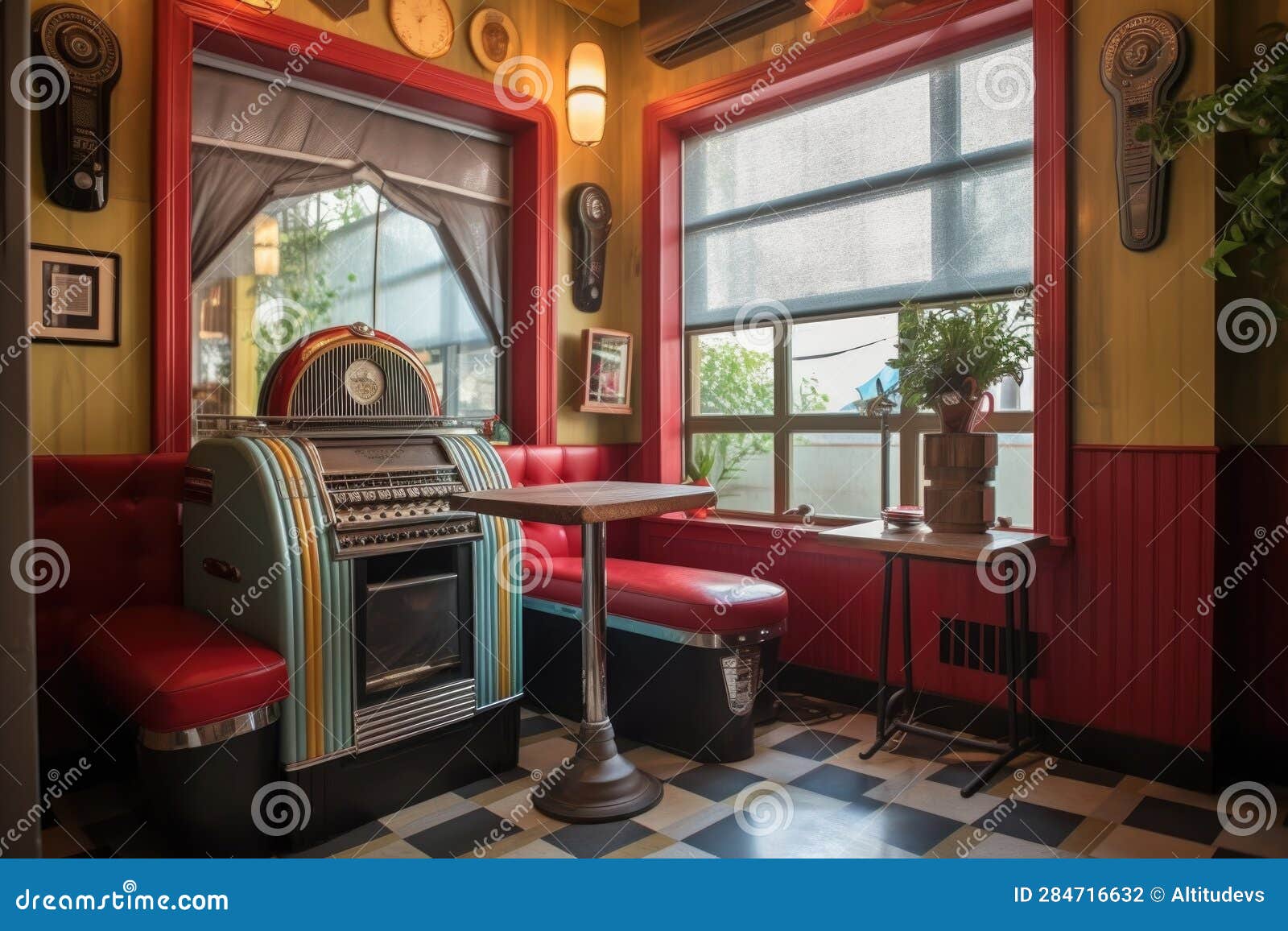 Vintage Diner Booth with Jukebox on the Table Stock Illustration ...